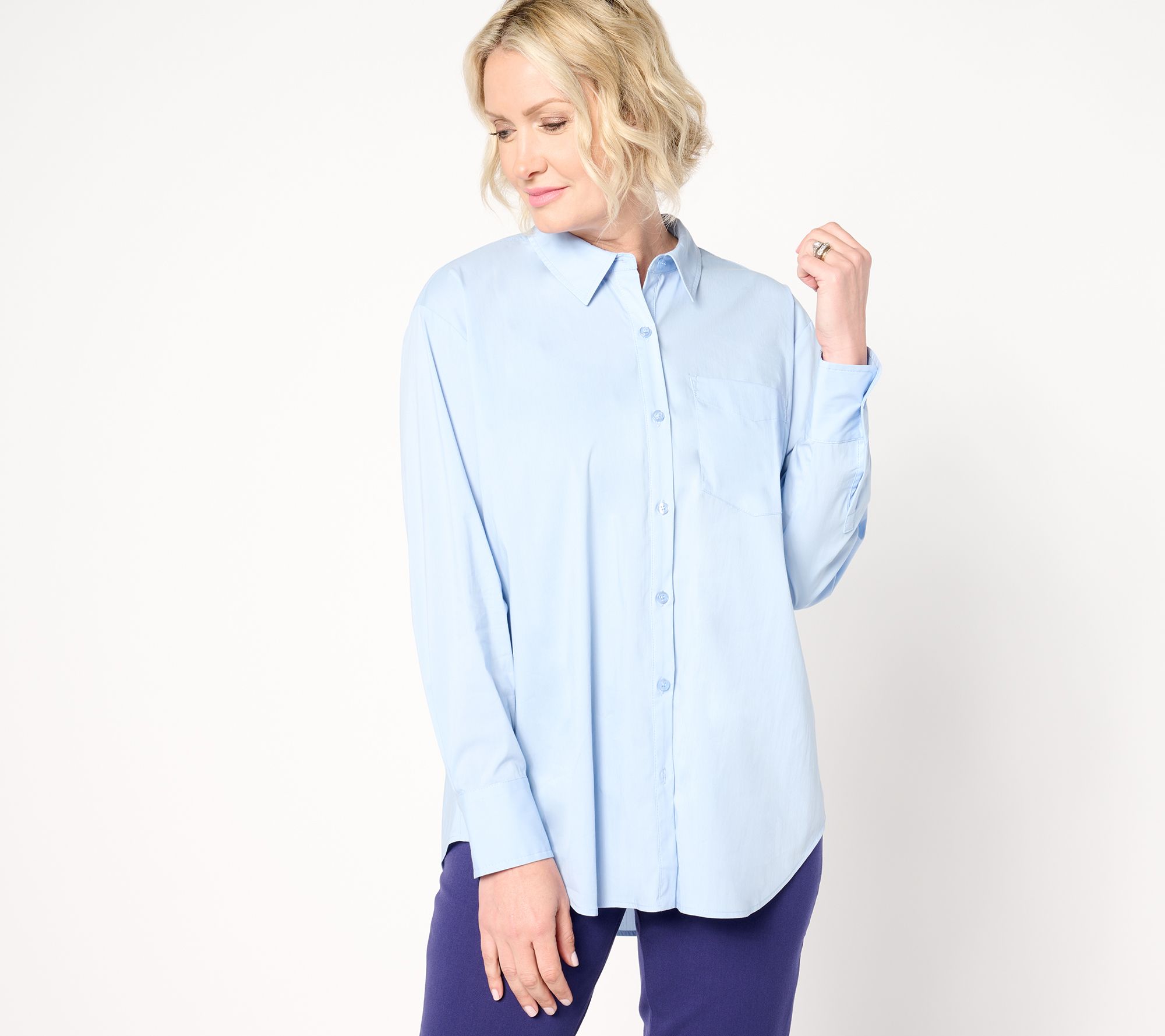 Susan Graver Regular Woven Poplin Button- Front High-Low Hem Shirt ...