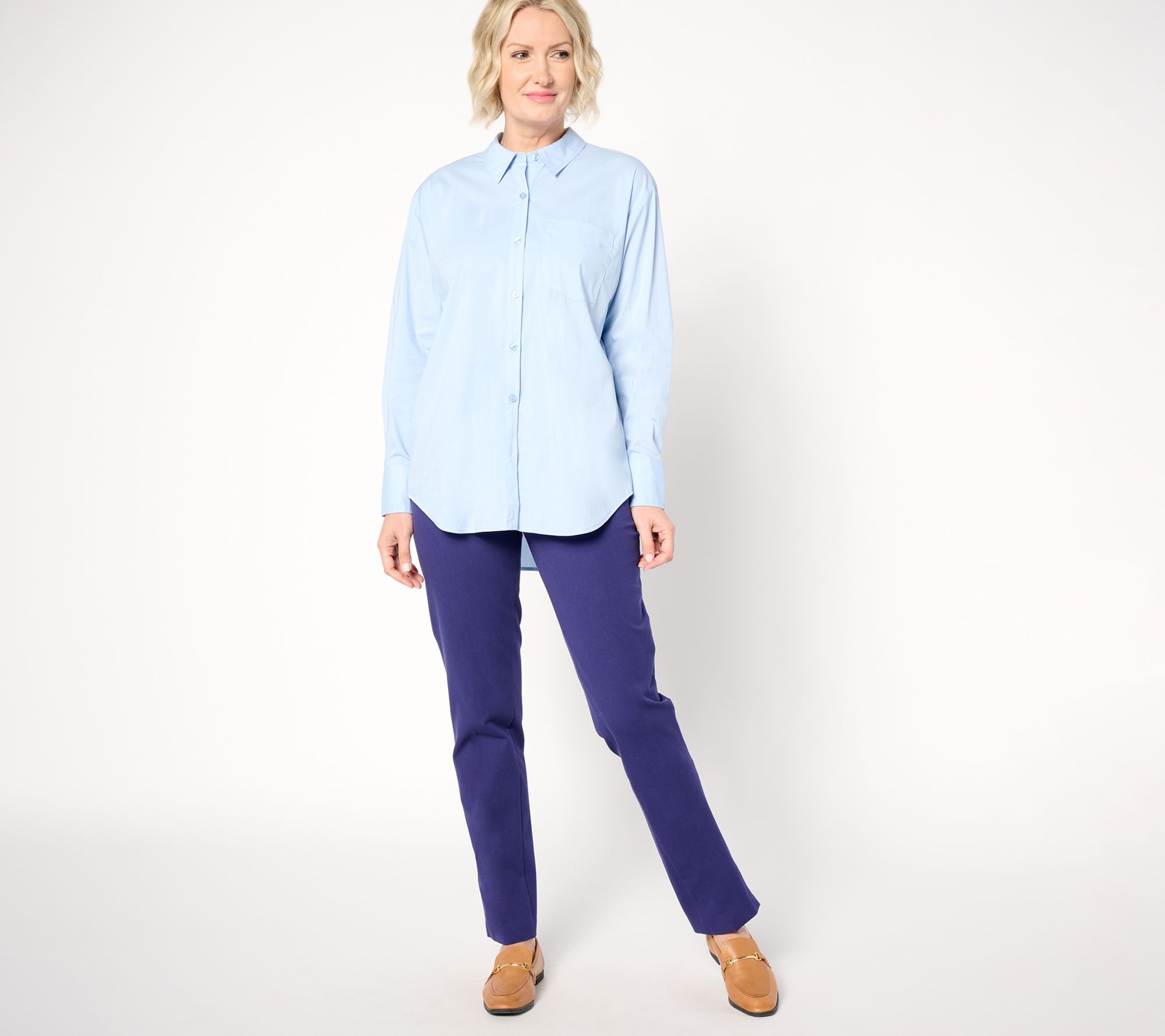 Susan Graver Regular Woven Poplin Button- Front High-Low Hem Shirt ...