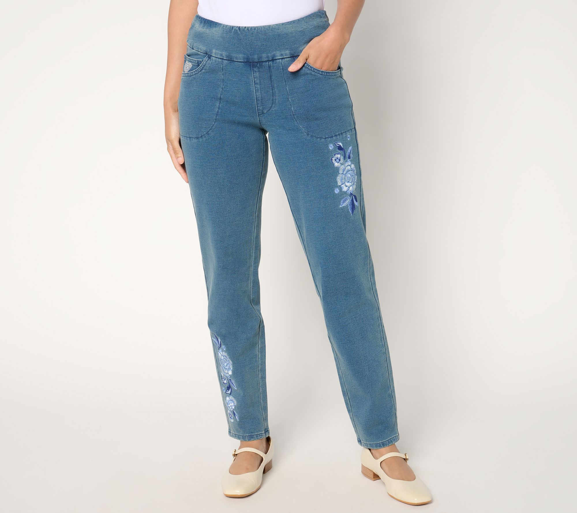 Quacker Factory DreamJeannes Flat Waistband Indigo Floral Straight Jean ...