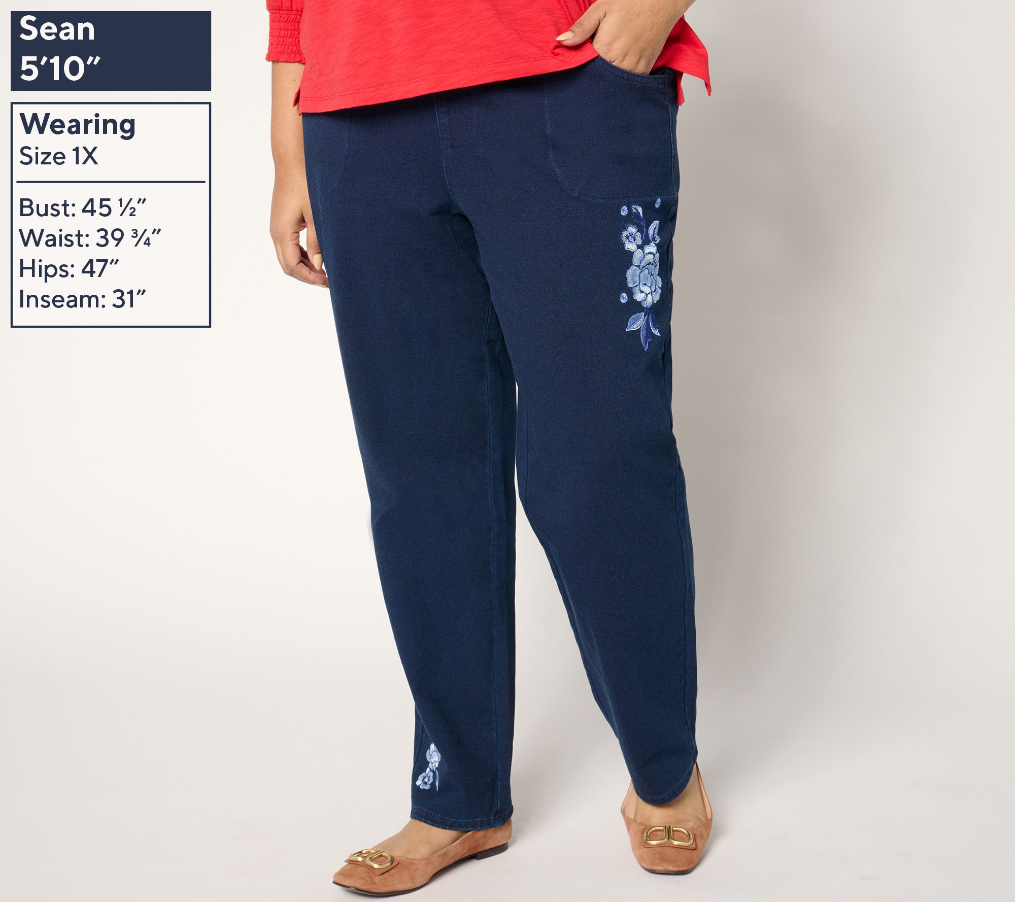 Quacker Factory DreamJeannes Flat Waistband Indigo Floral Straight Jean ...