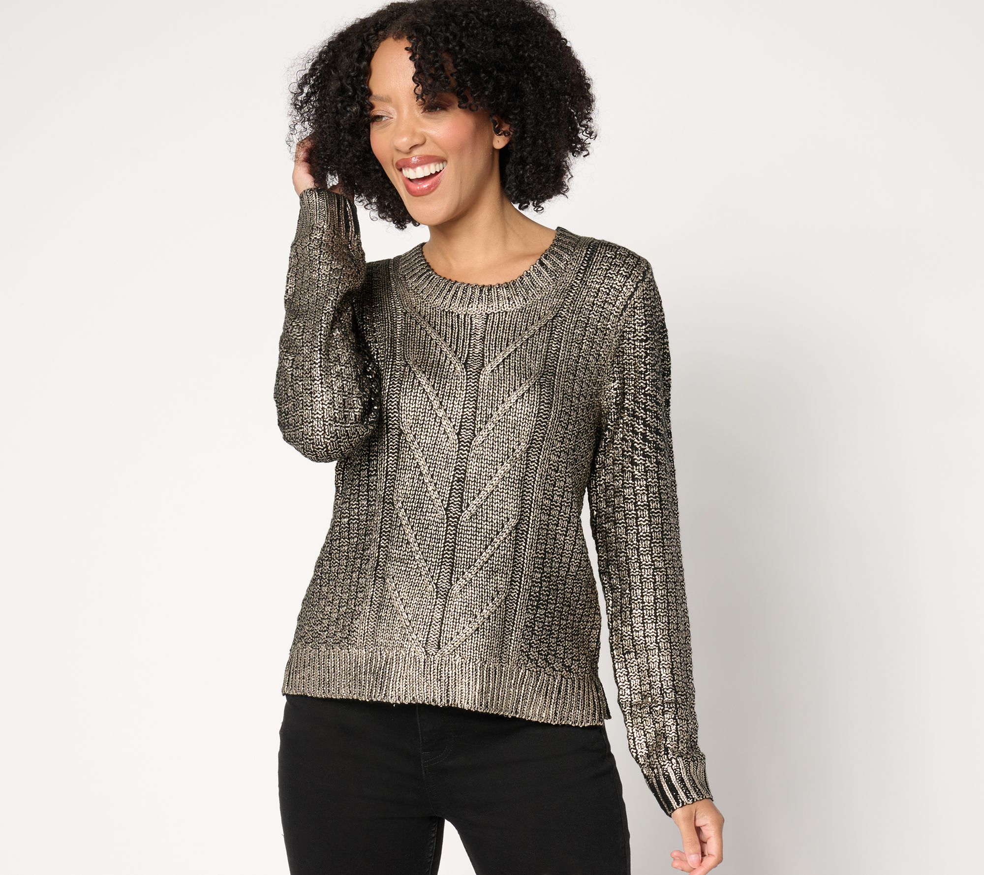 "As Is" Attitudes by Renee Metallic Cable Sweater - QVC.com