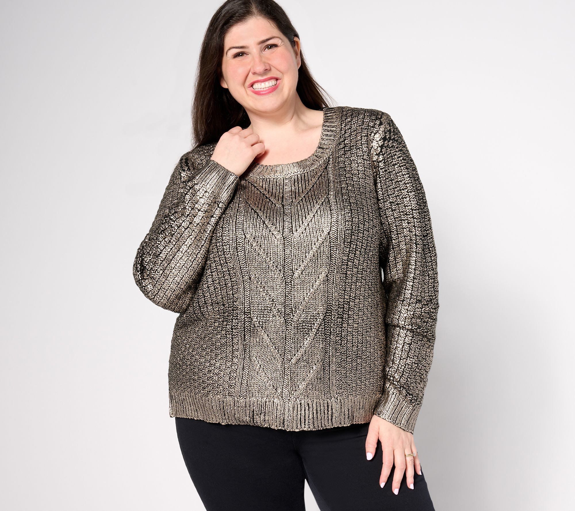 "As Is" Attitudes by Renee Metallic Cable Sweater - QVC.com