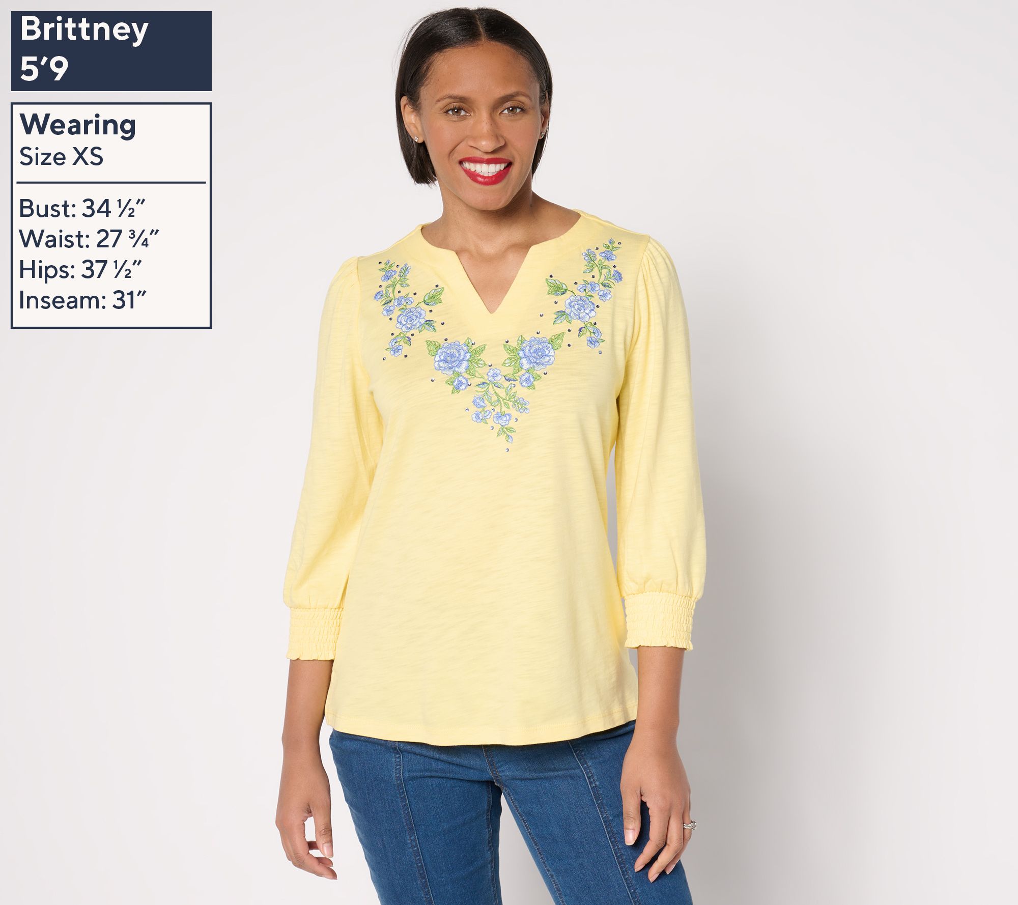 "As Is" Quacker Factory Indigo Floral Smocked Cuff V-Neck 3/4 Sleeve ...