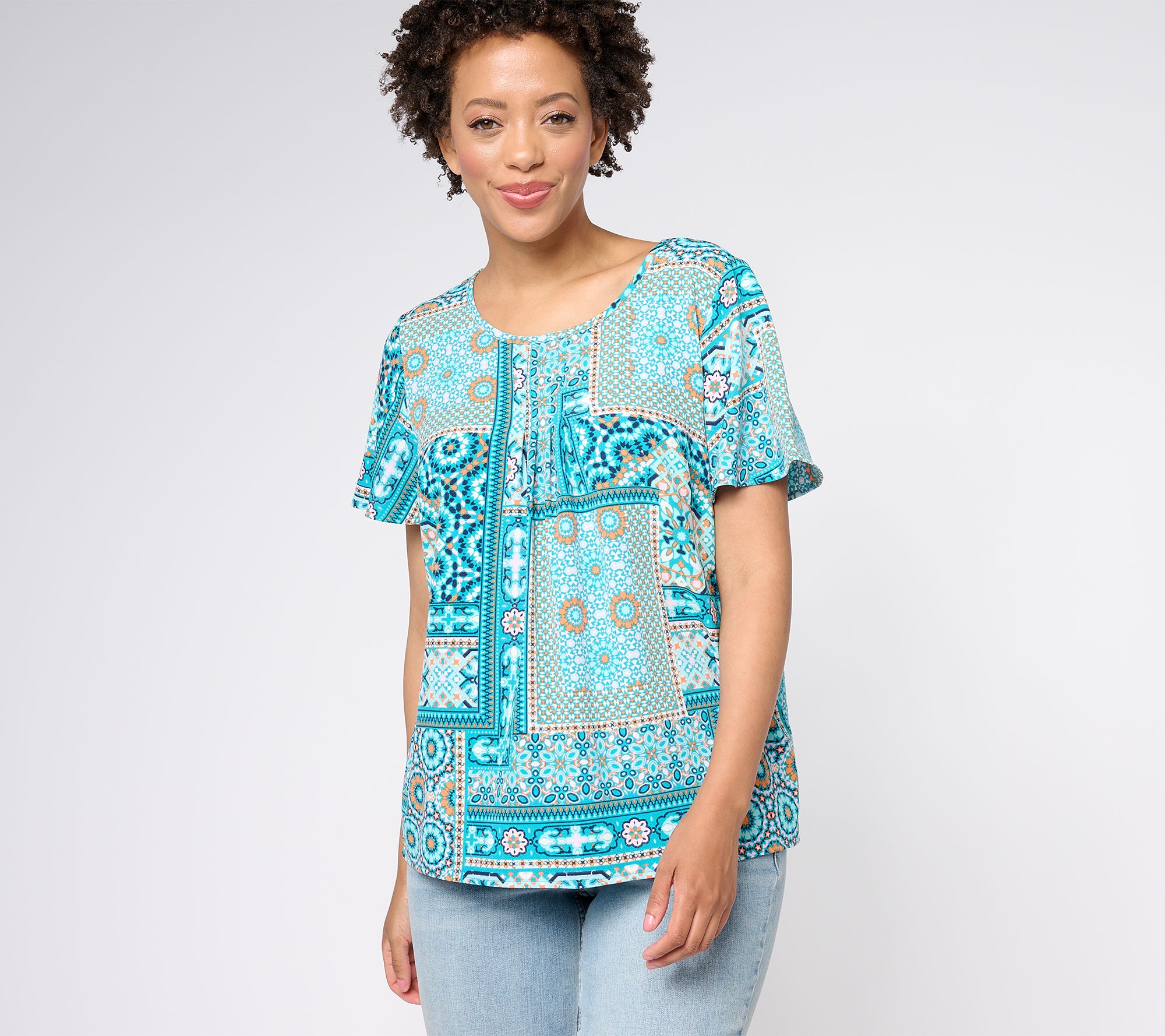 "As Is" Denim & Co. Printed Blouse with Open Flutter Sleeve - QVC.com