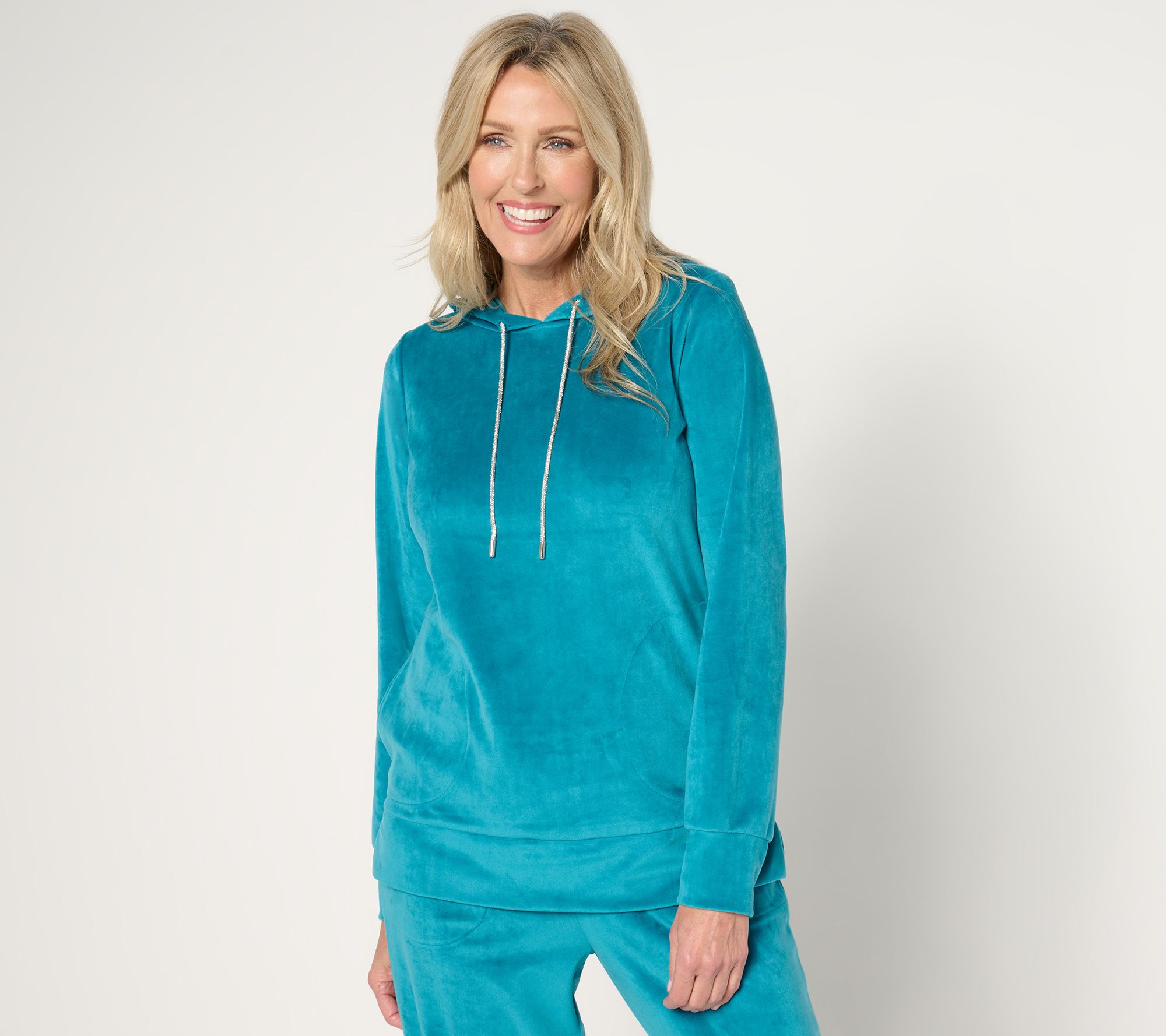 Quacker Factory Angel's Go To Stretch Velvet Hoodie with Bling Ties ...