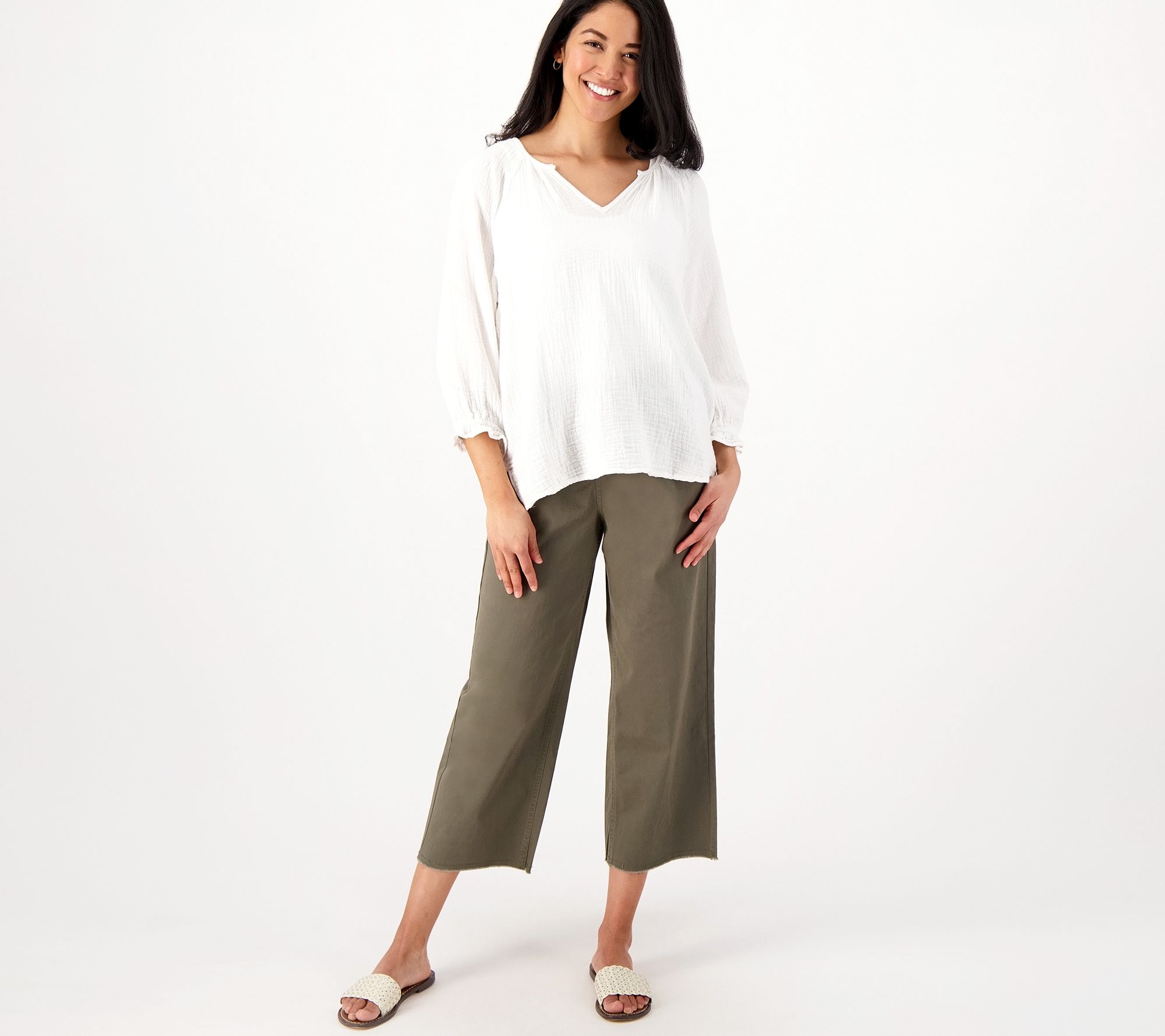 Denim & Co. Petite EasyWear Twill Frayed Hem Wide Leg Pant - QVC.com