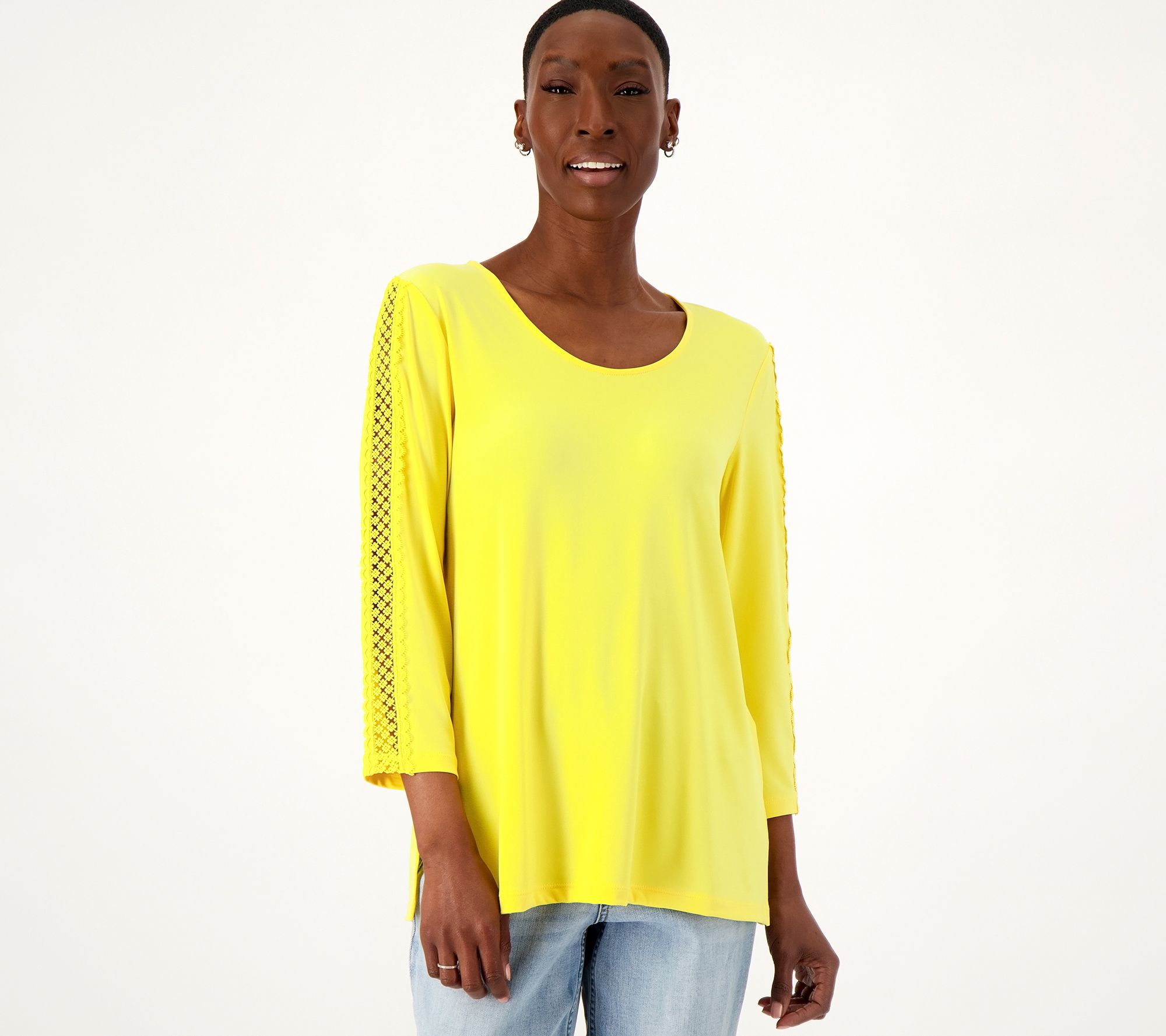 As Is Susan Graver Liquid Knit 3 4 Sleeve Top W Crochet Sleeve Detail