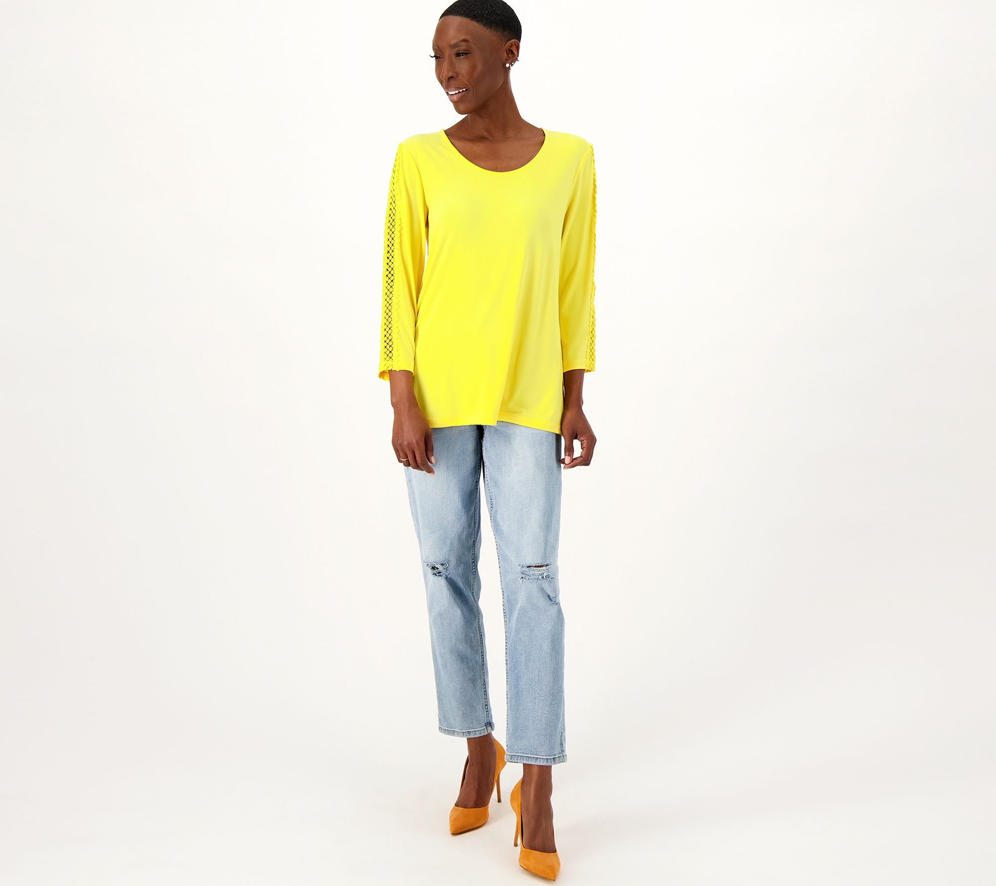 As Is Susan Graver Liquid Knit 3 4 Sleeve Top W Crochet Sleeve Detail