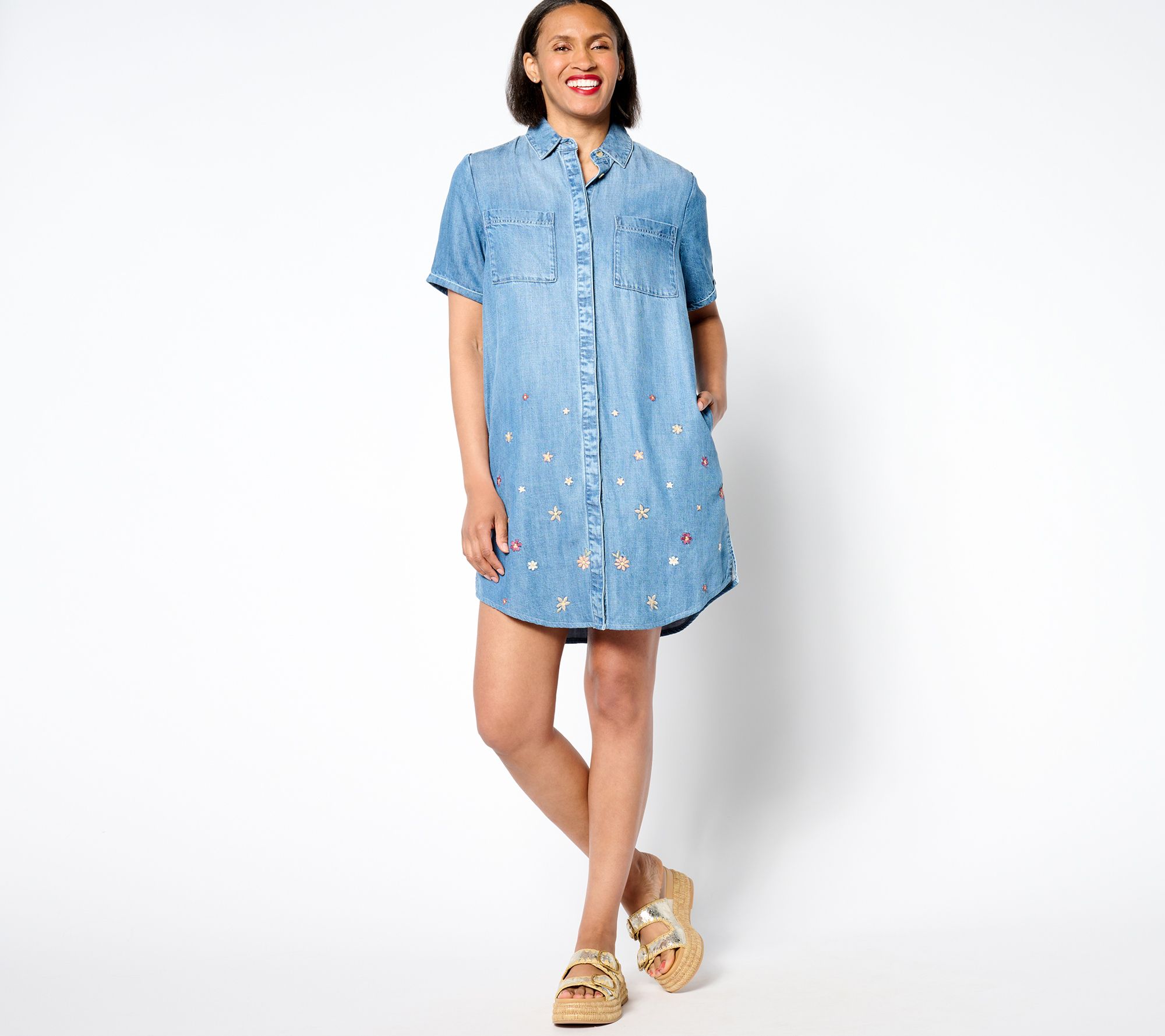 "As Is" Driftwood Jeans Embroidered Short Sleeve Mabel Dress - QVC.com