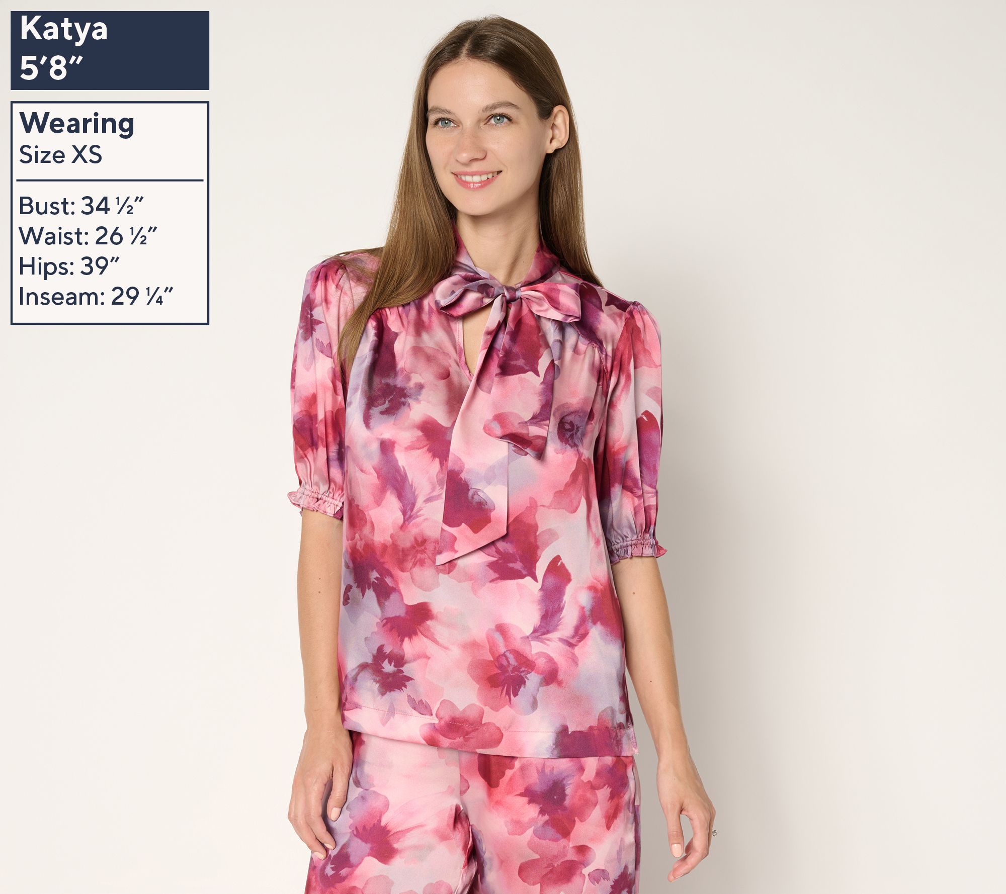 Susan Graver Printed Satin Twill Bow Neck Elbow Sleeve Blouse - QVC.com