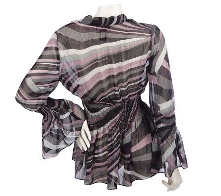 Never Enough by Iris Simms Georgette Printed Top w/ Smocking Detail ...