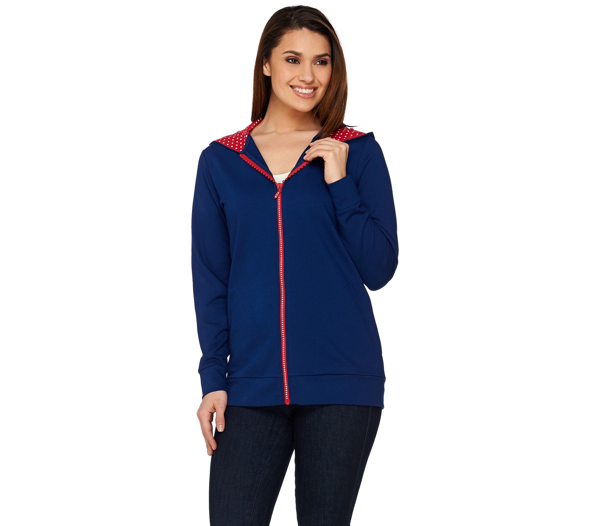 Quacker Factory Polka Dot Trim Hoodie with Rhinestone Zipper - QVC.com