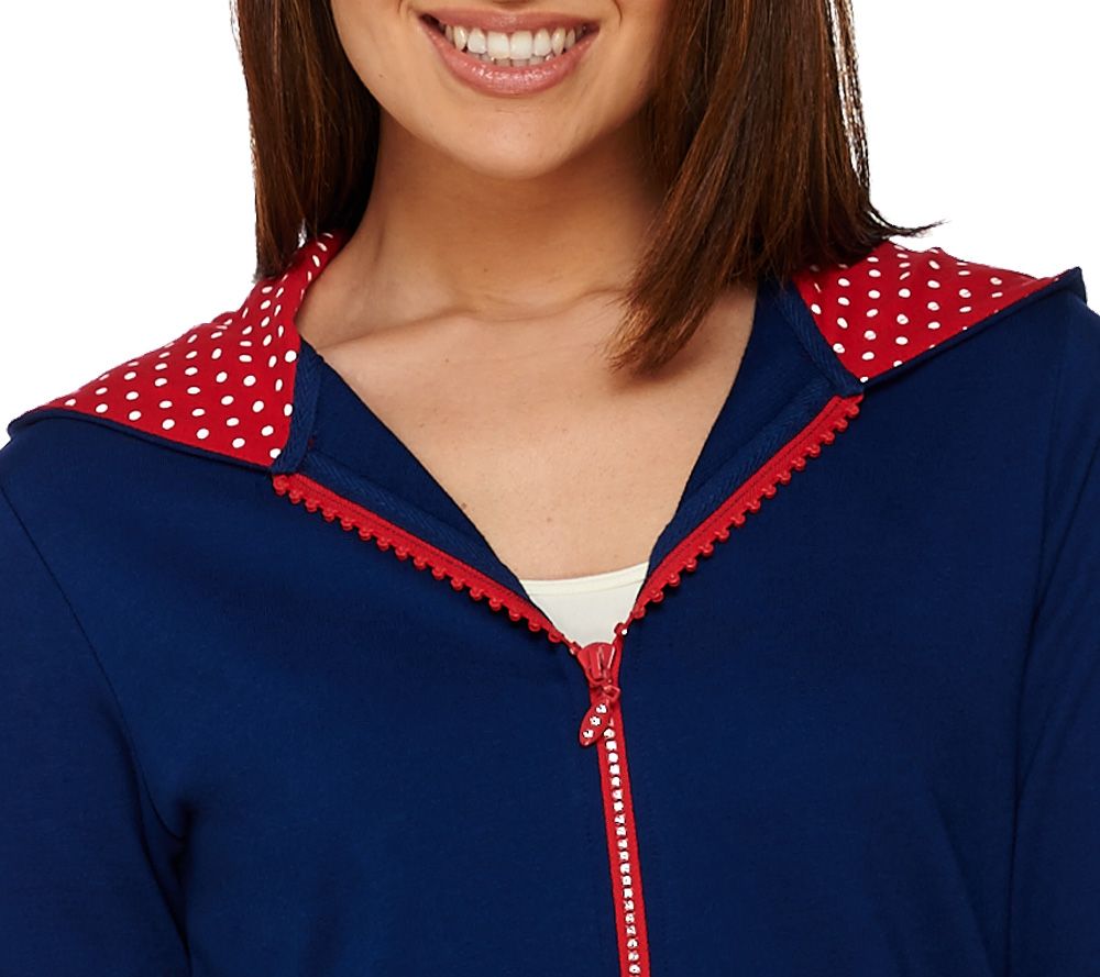 Quacker Factory Polka Dot Trim Hoodie with Rhinestone Zipper - QVC.com