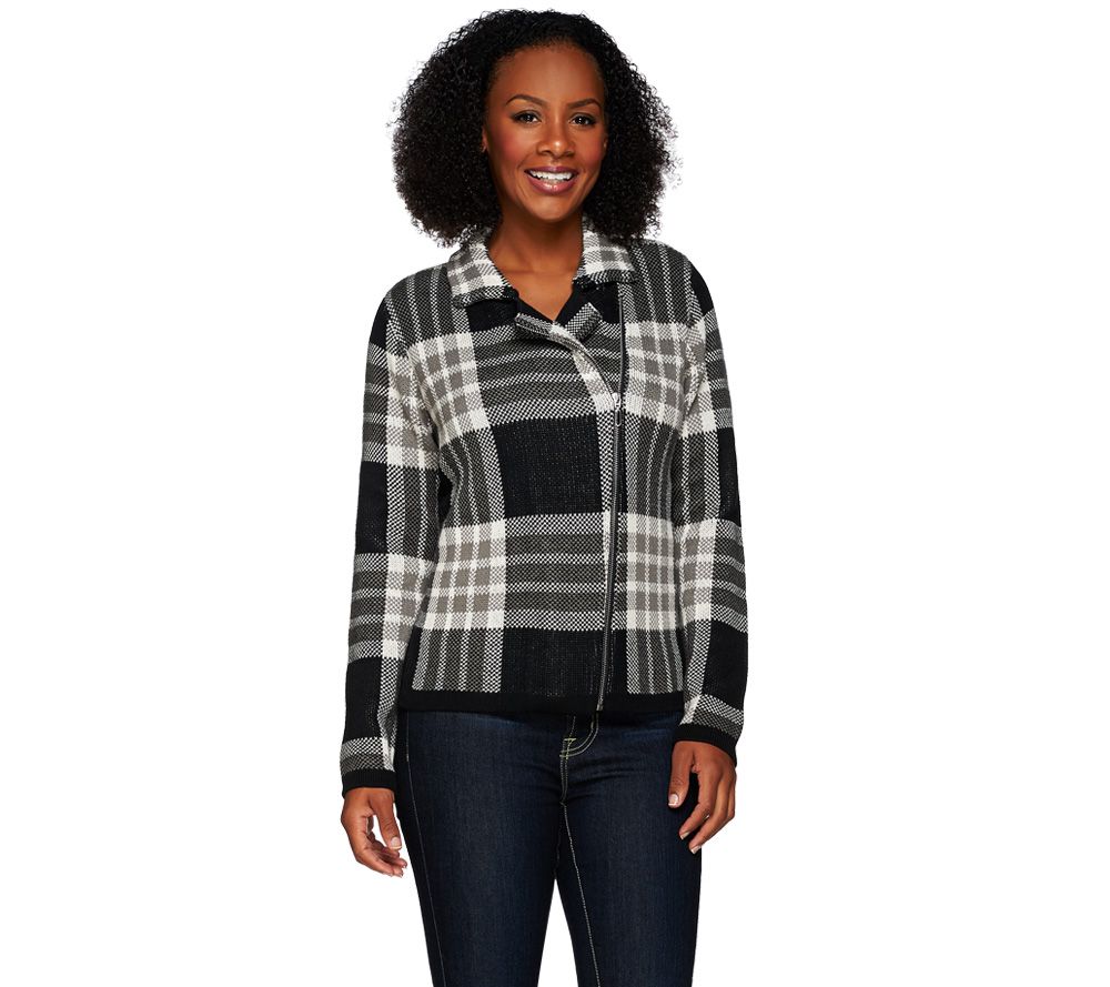 "As Is" Isaac Mizrahi Live! Jacquard Plaid Sweater Motor Cycle Jacket ...