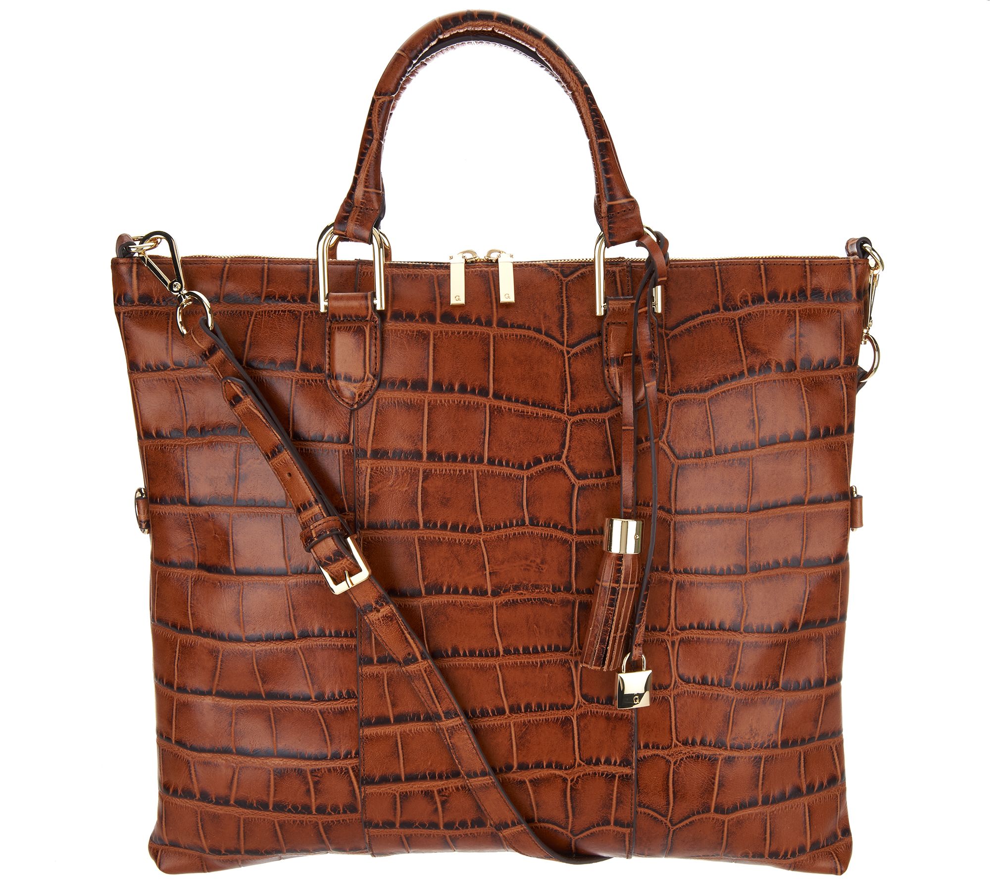 "As Is" G.I.L.I. Croco Italian Leather Convertible Satchel - QVC.com
