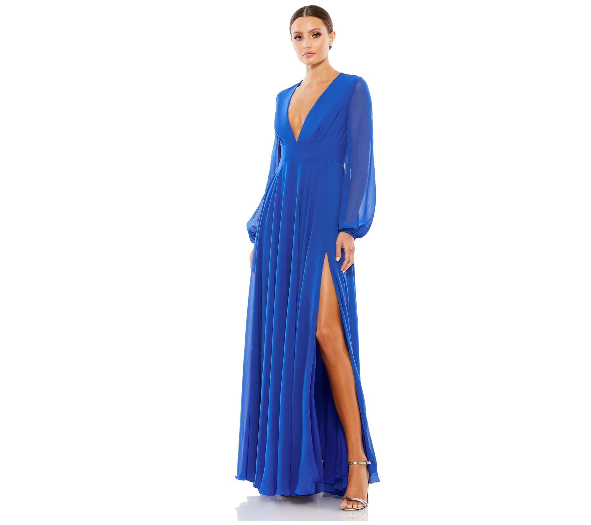 55682 - Royal B lue - V-Neck Il lusion Long Sle eve Chiffon Gow Side ...