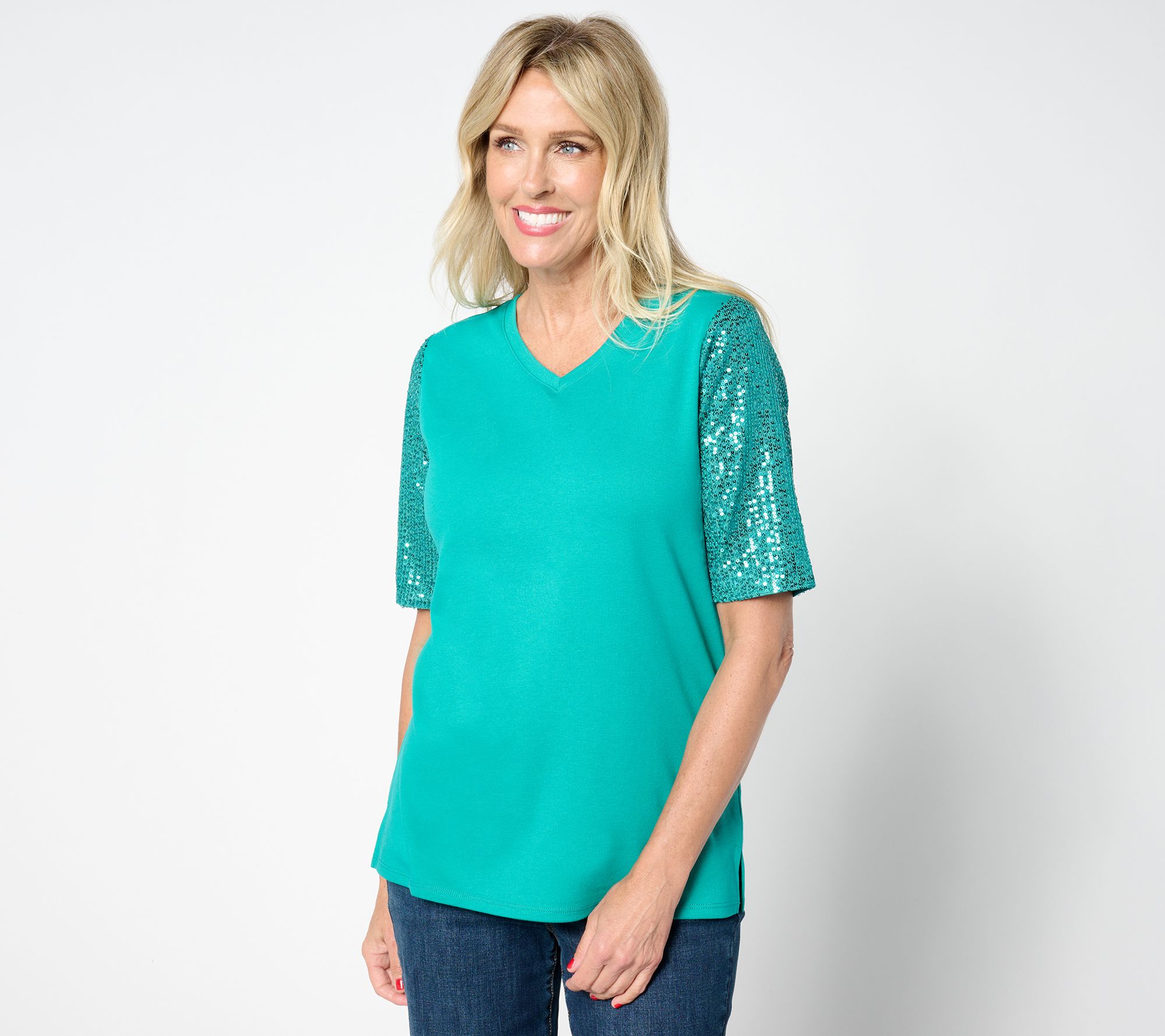 "As Is" Quacker Factory Glamour Sequin Elbow Sleeve Top - QVC.com