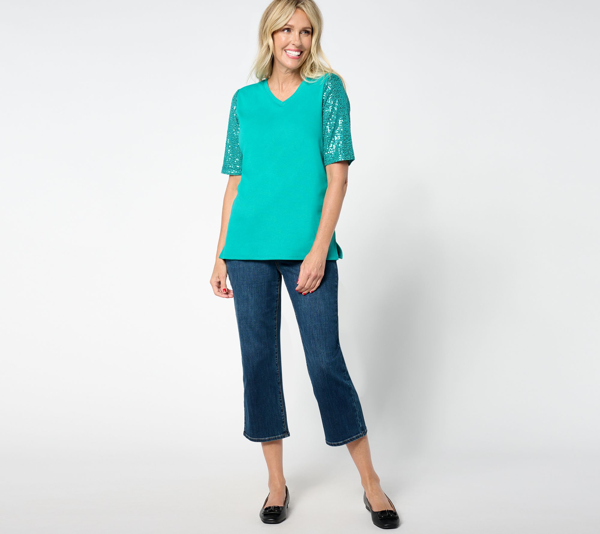 "As Is" Quacker Factory Glamour Sequin Elbow Sleeve Top - QVC.com