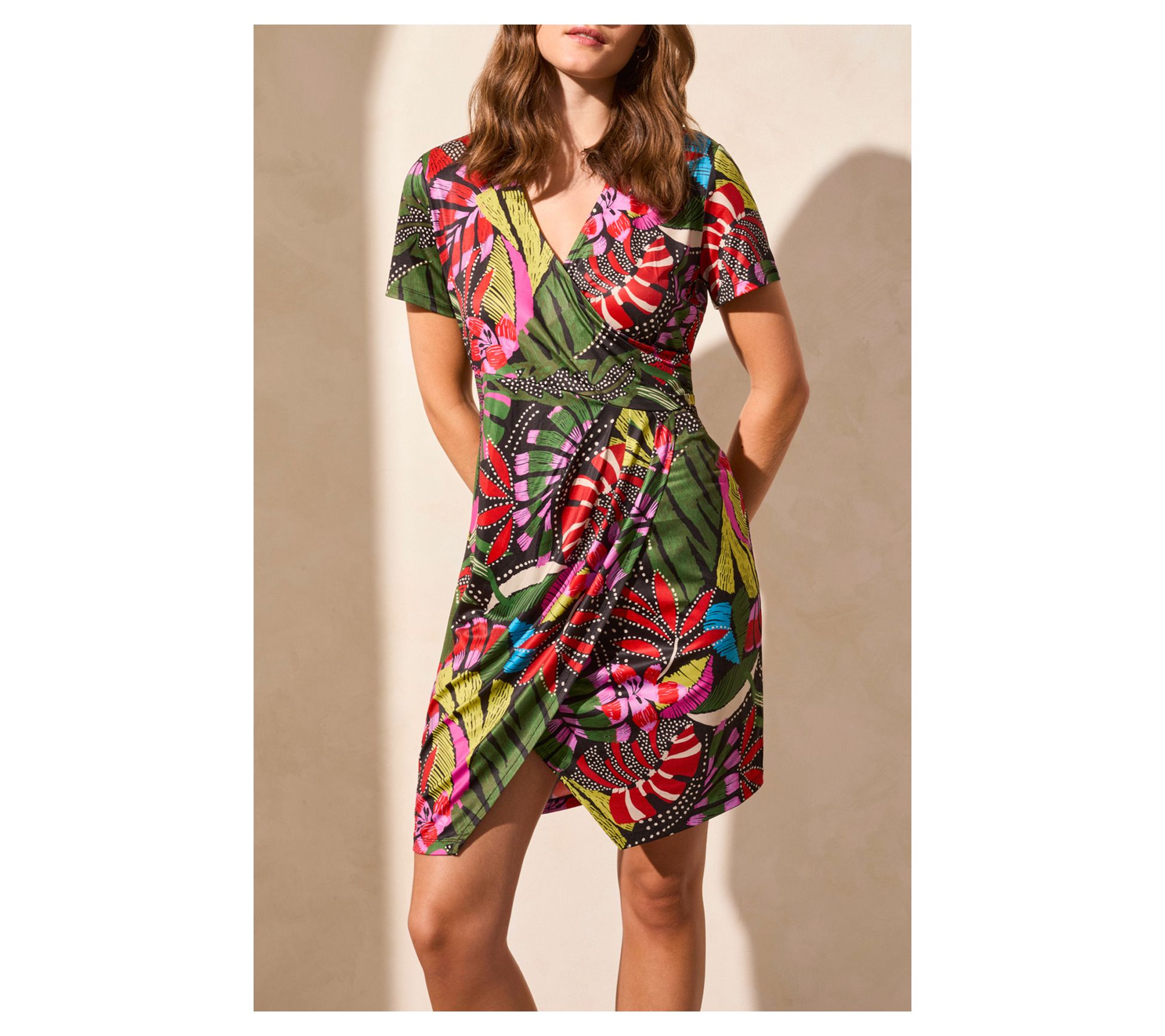 Tribal Faux Wrap Short-Sleeve V-Neck Dress - QVC.com