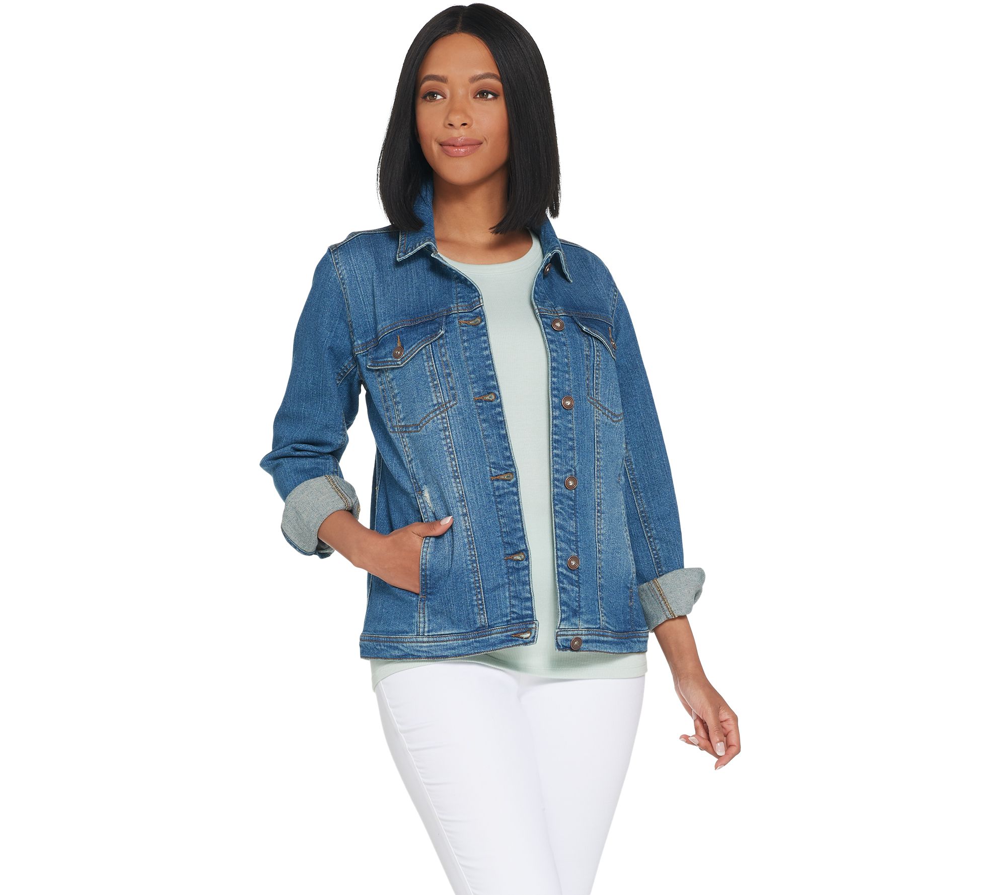 "As Is" Studio by Denim & Co. Classic Denim Distressed Jean Jacket ...