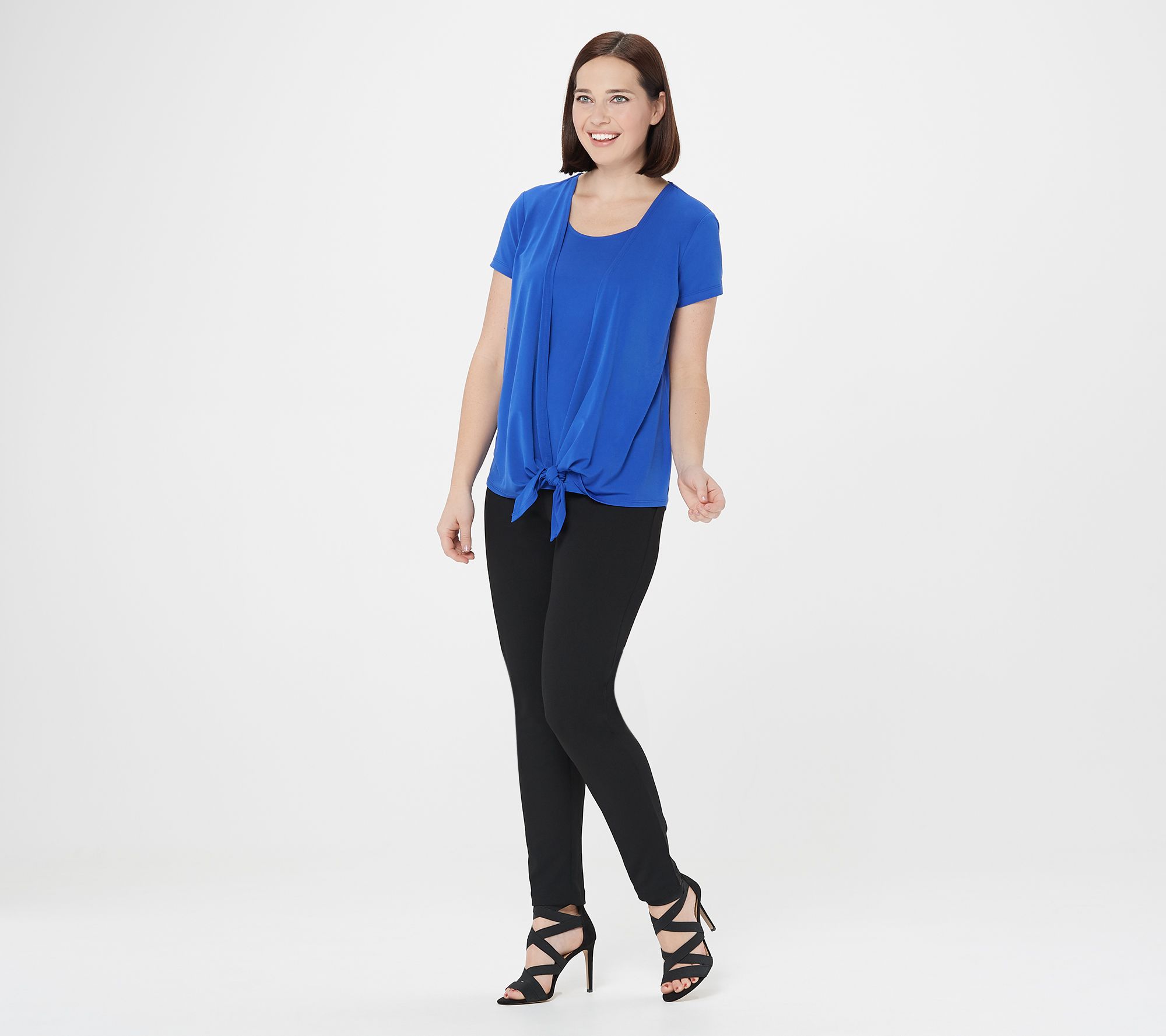 As Is Susan Graver Liquid Knit Tie Front Cap Sleeve Top
