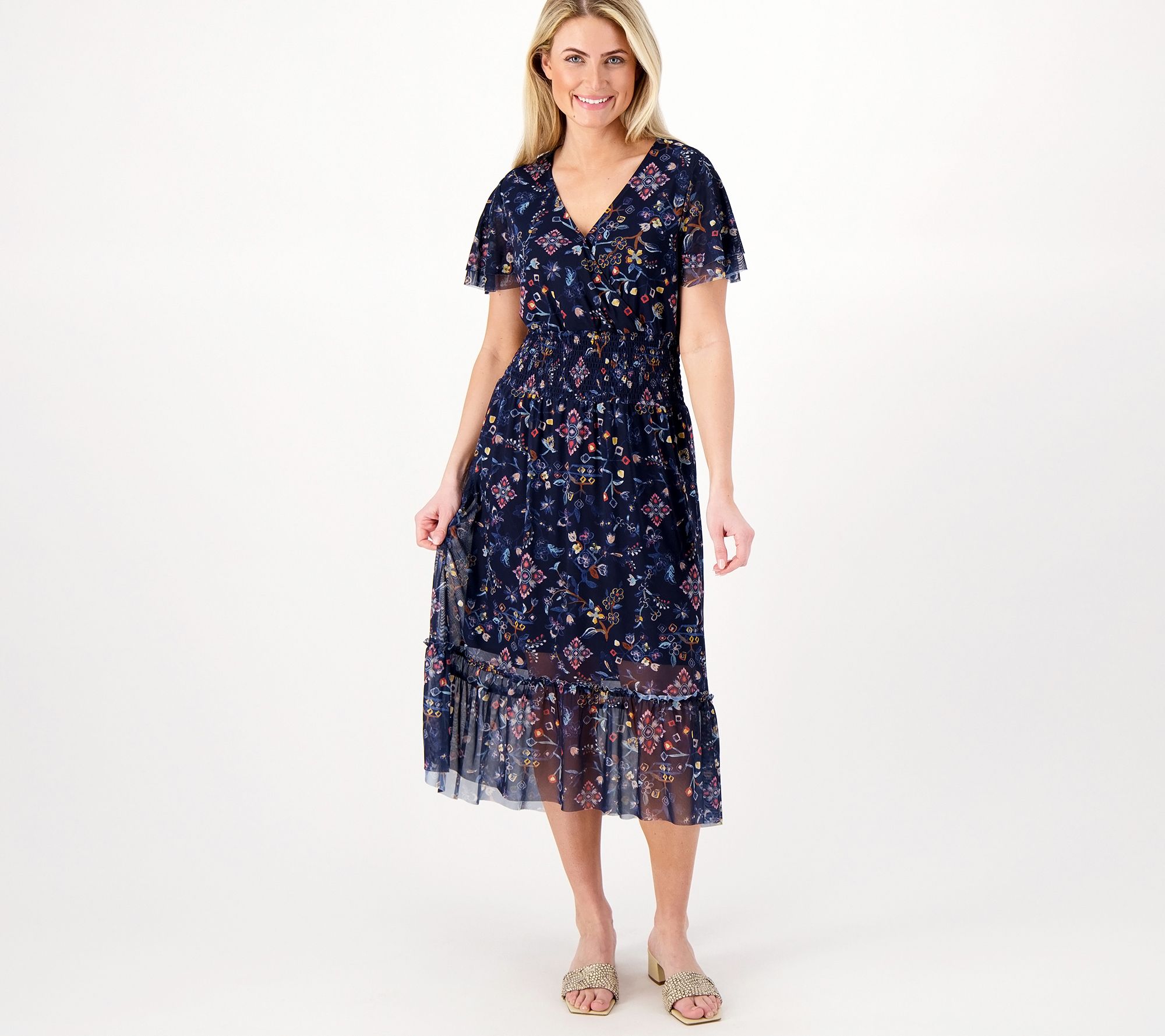"As Is" Denim & Co. Canyon Retreat Petite Mesh V-Neck Dress - QVC.com
