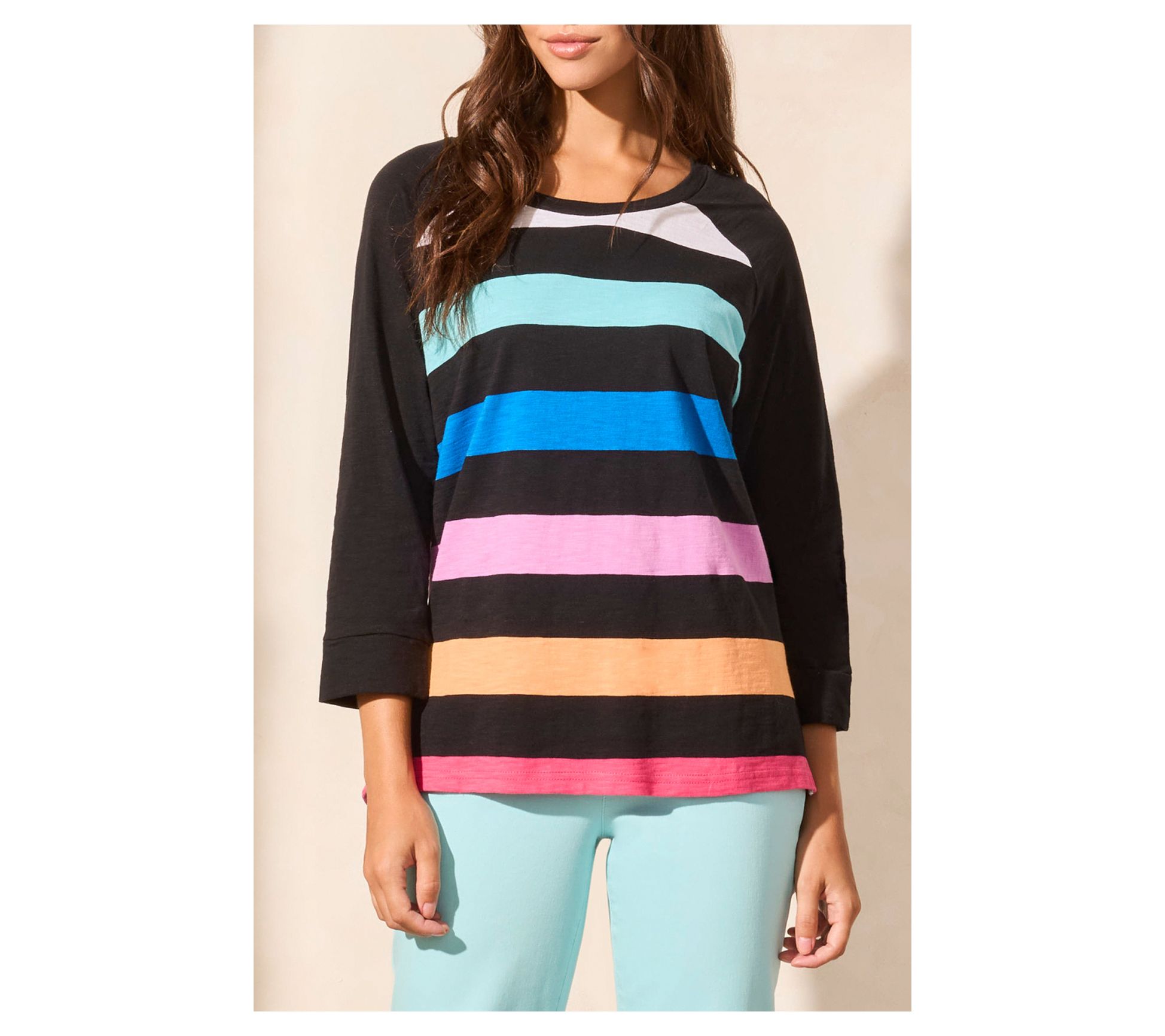 Tribal Striped Cotton Slub Raglan Sleeve Crew Neck Top - QVC.com