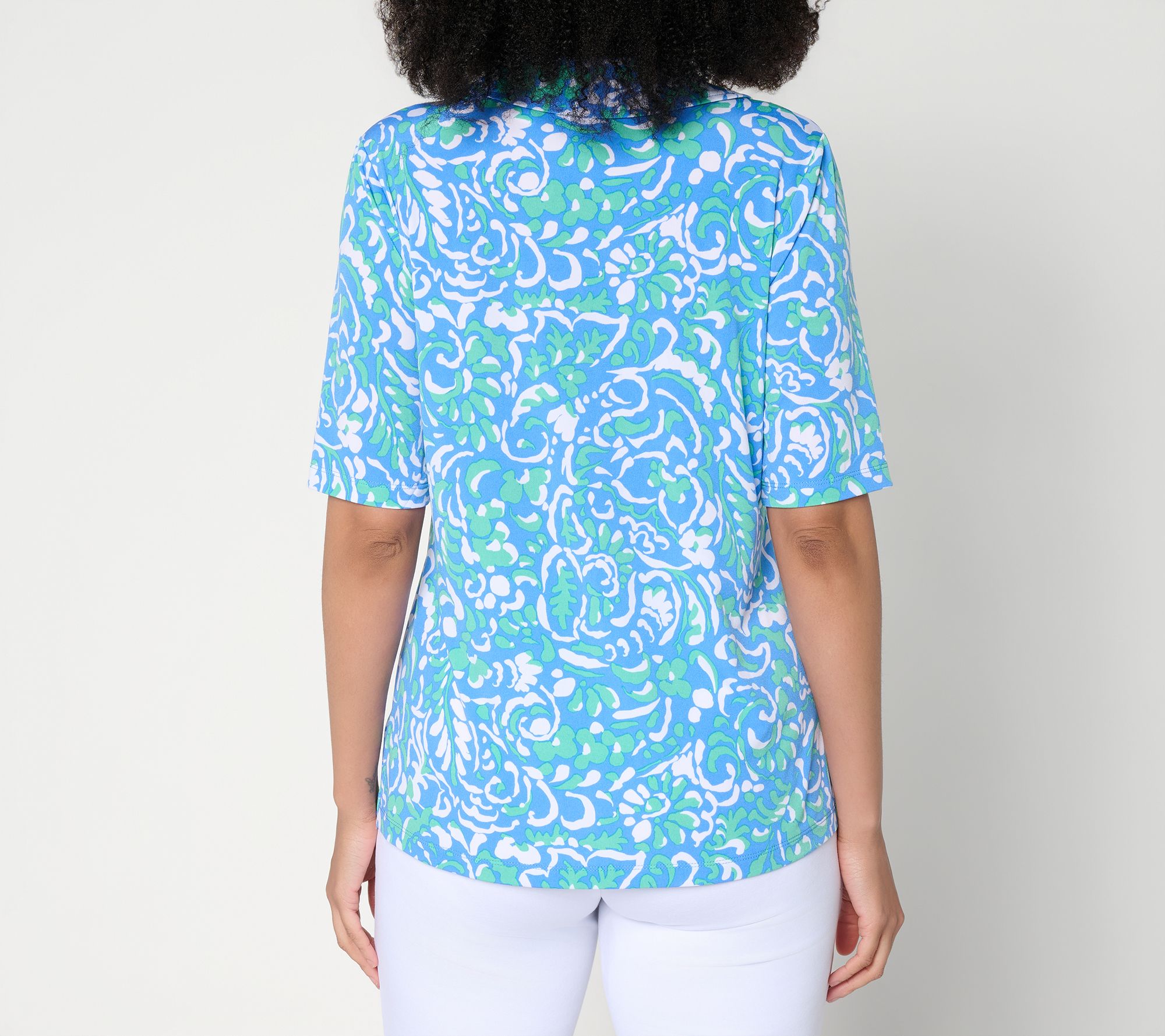Susan Graver Printed Liquid Knit Split-Neck ElbowSleeve Top - QVC.com