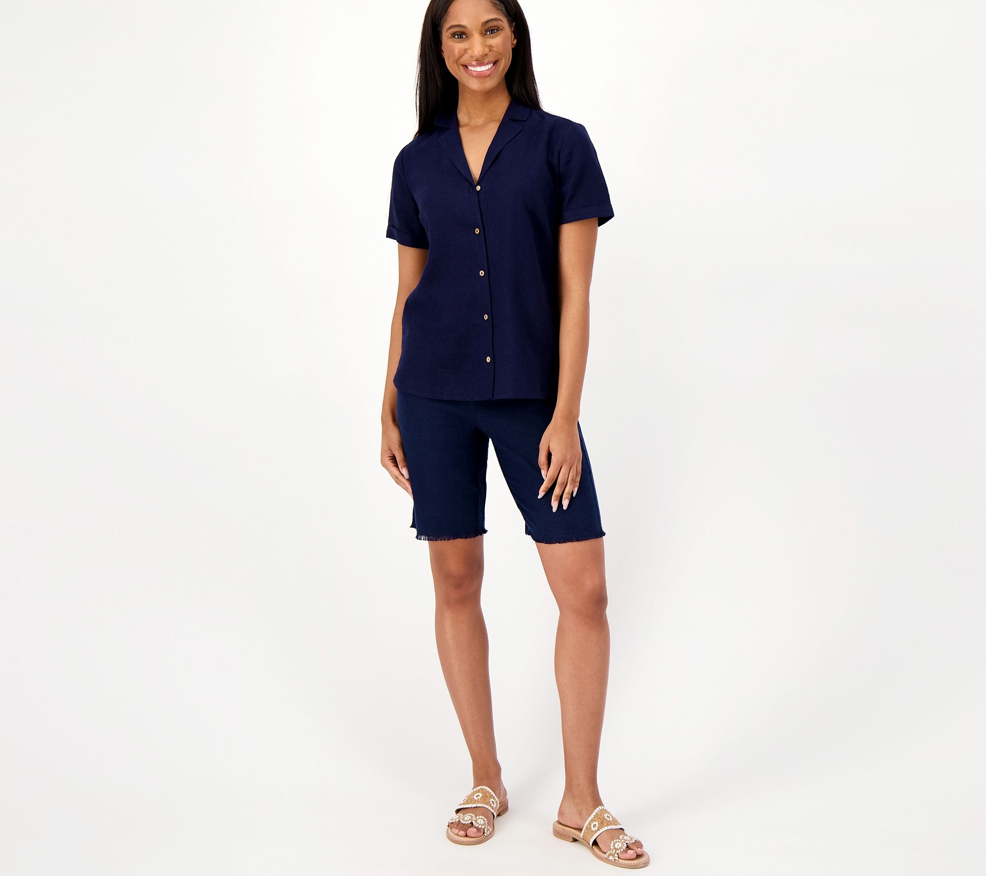 Susan Graver PURE Linen Blend Bermuda Shorts with Frayed Hem - QVC.com