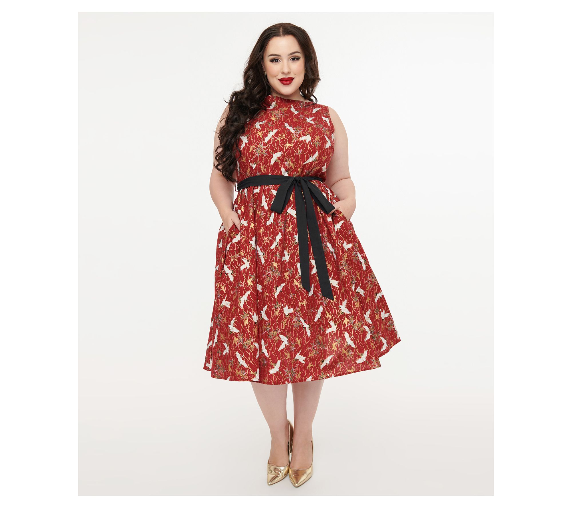 Unique Vintage Fall Floral Sleeveless Belted Swing Dress - QVC.com