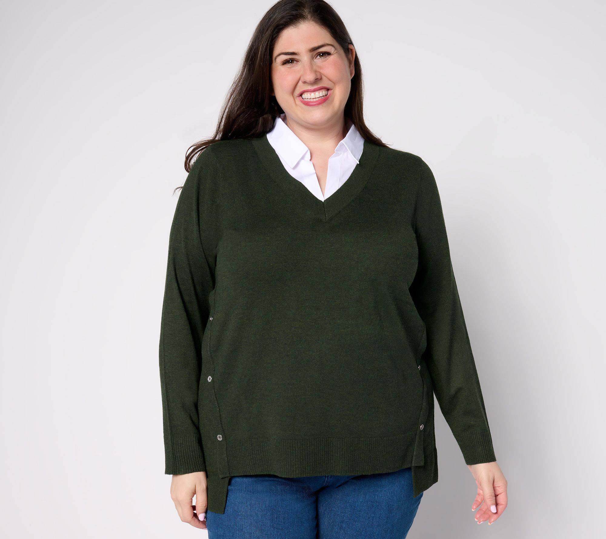 "As Is" Denim & Co. Collared 2fer V-Neck Sweater - QVC.com