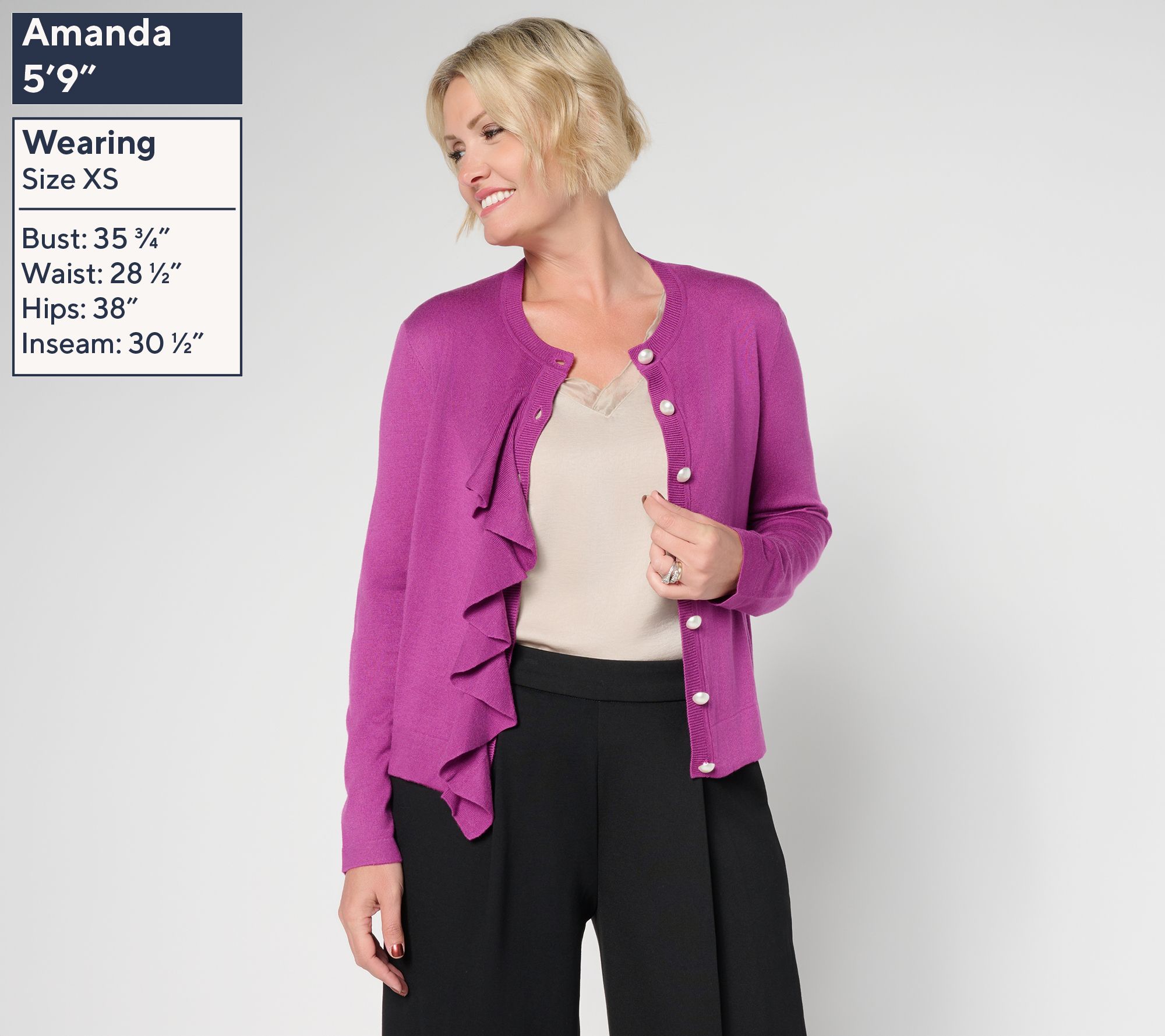 "As Is" by Stacy London Ruffle Cardigan with Faux Pearl Buttons - QVC.com