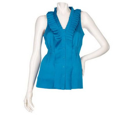 Dialogue Sleeveless Button Front Blouse with Ruffle Trim - QVC.com