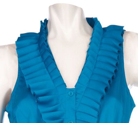 Dialogue Sleeveless Button Front Blouse with Ruffle Trim - QVC.com