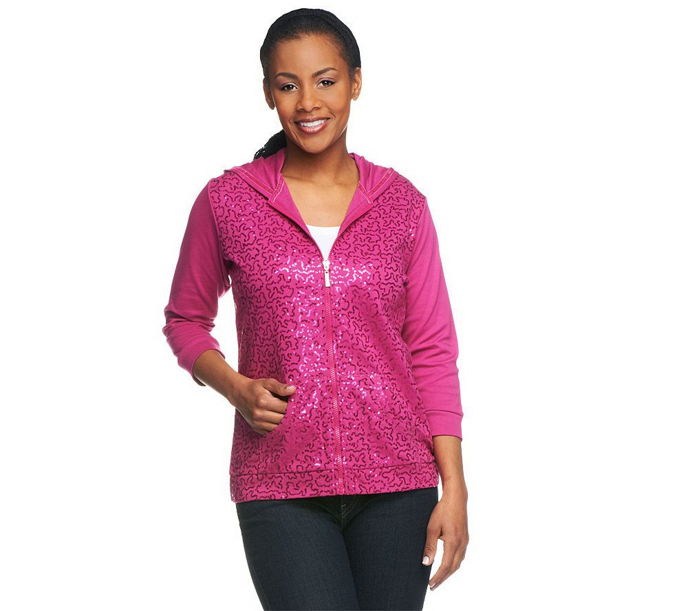 Quacker Factory 3/4 Sleeve Sequin Scroll Knit Jacket with Hood - QVC.com