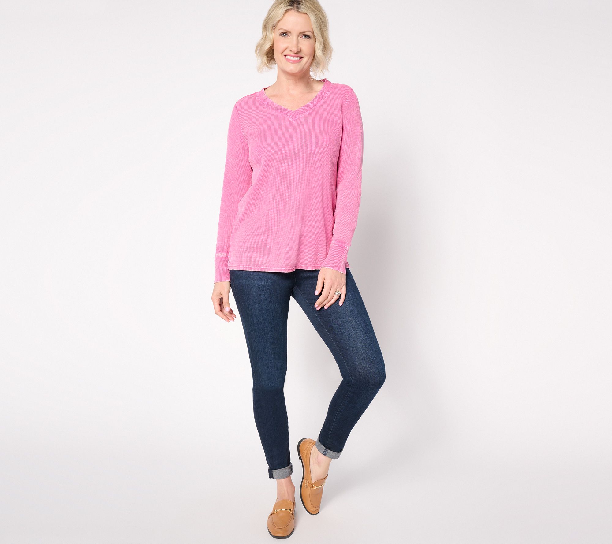 "As Is" Belle by Kim Gravel Vintage Washed Waffle V-Neck Top - QVC.com