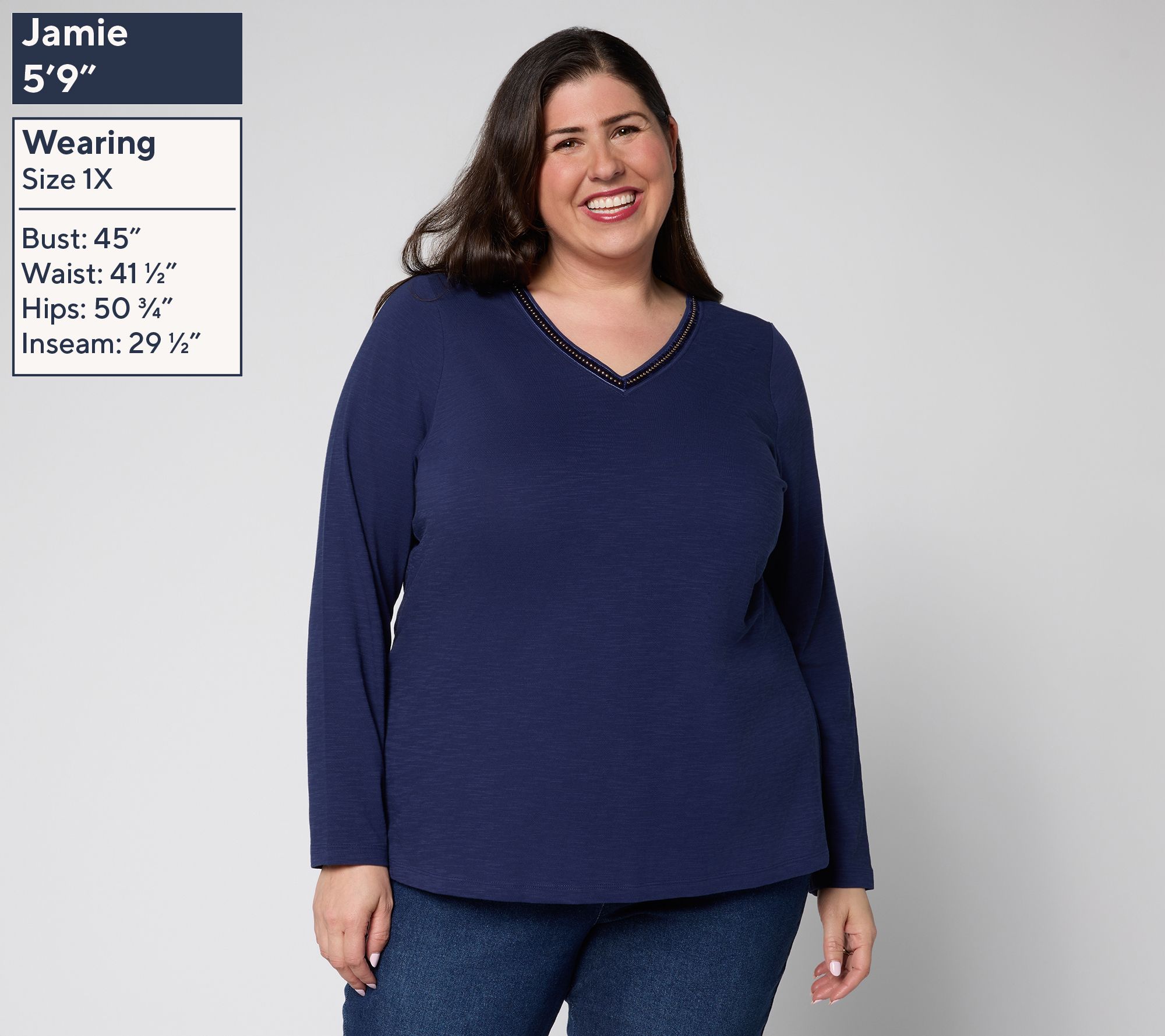 Denim & Co. 100% Cotton Embellished Long Sleeve V-Neck Top - QVC.com