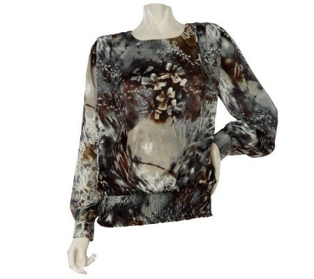 George Simonton Printed Blouse w/Smocked Hem and Pleat Detail - QVC.com