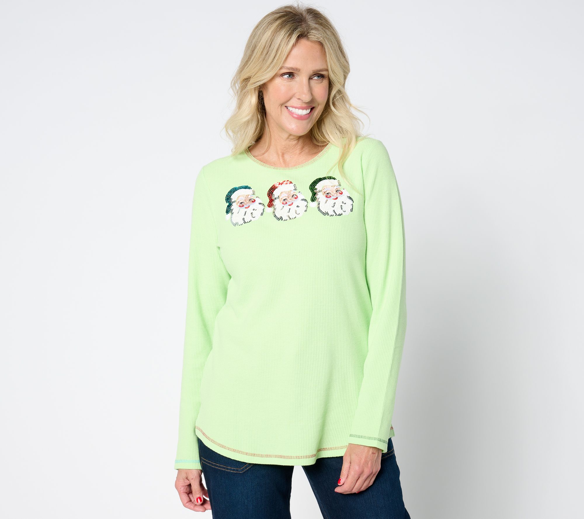"As Is" Quacker Factory Glitter Holiday Embellished Long Sleeve Top ...