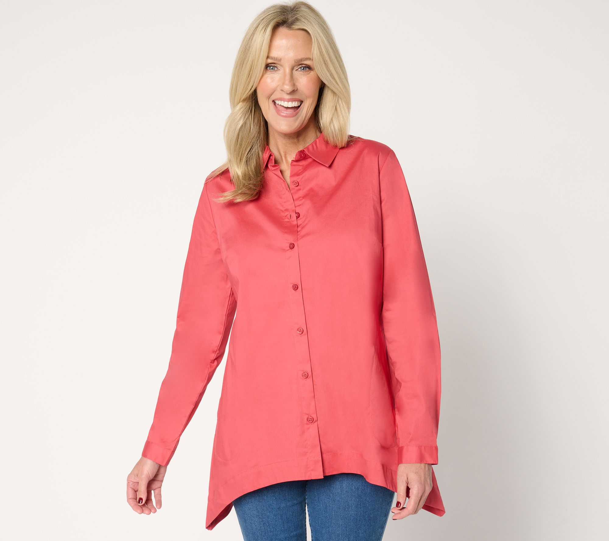 Denim & Co. Petite Button Front Poplin Tunic with Pockets - QVC.com