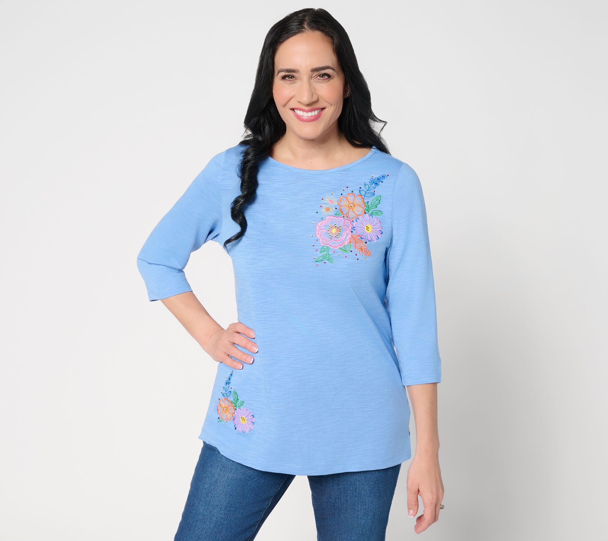 Quacker Factory Fresh Cut Bouquet Bateau 3/4 Sleeve Top - QVC.com