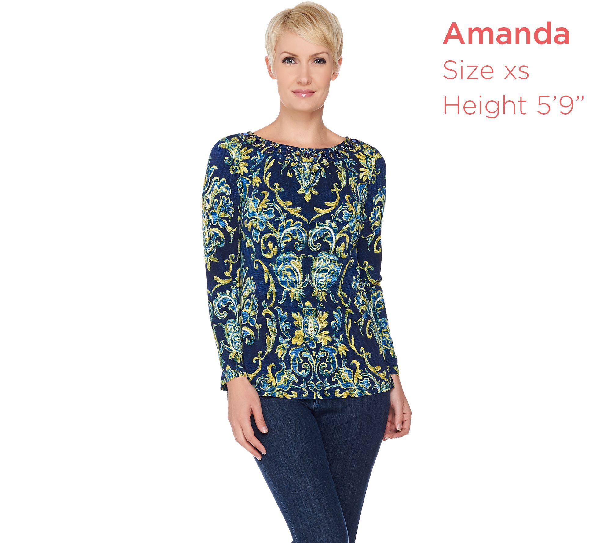 Susan Graver Artisan Printed Liquid Knit Embellished Top