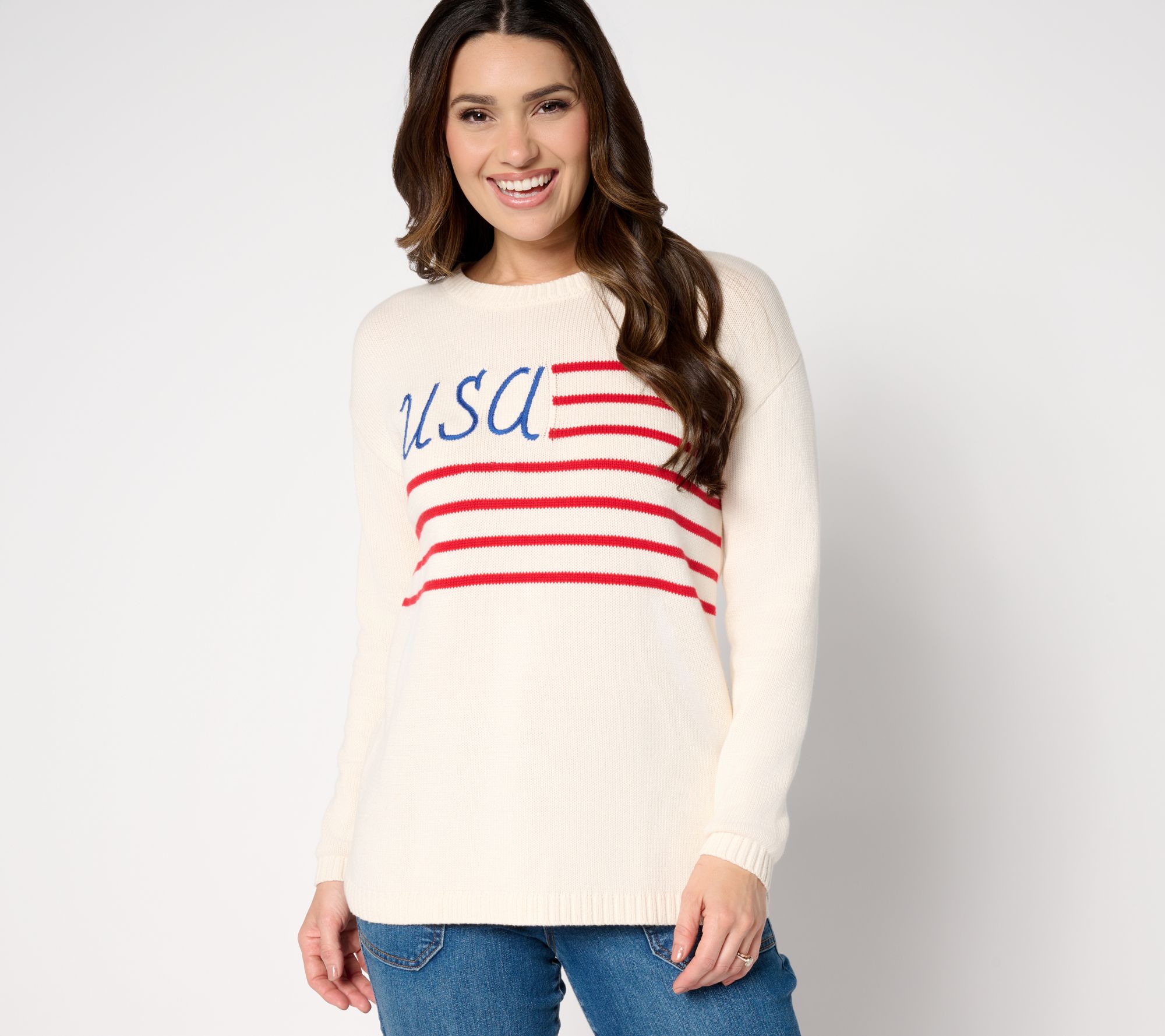 "As Is" Denim & Co. Americana 100% Cotton Drop Shoulder Flag Sweater ...