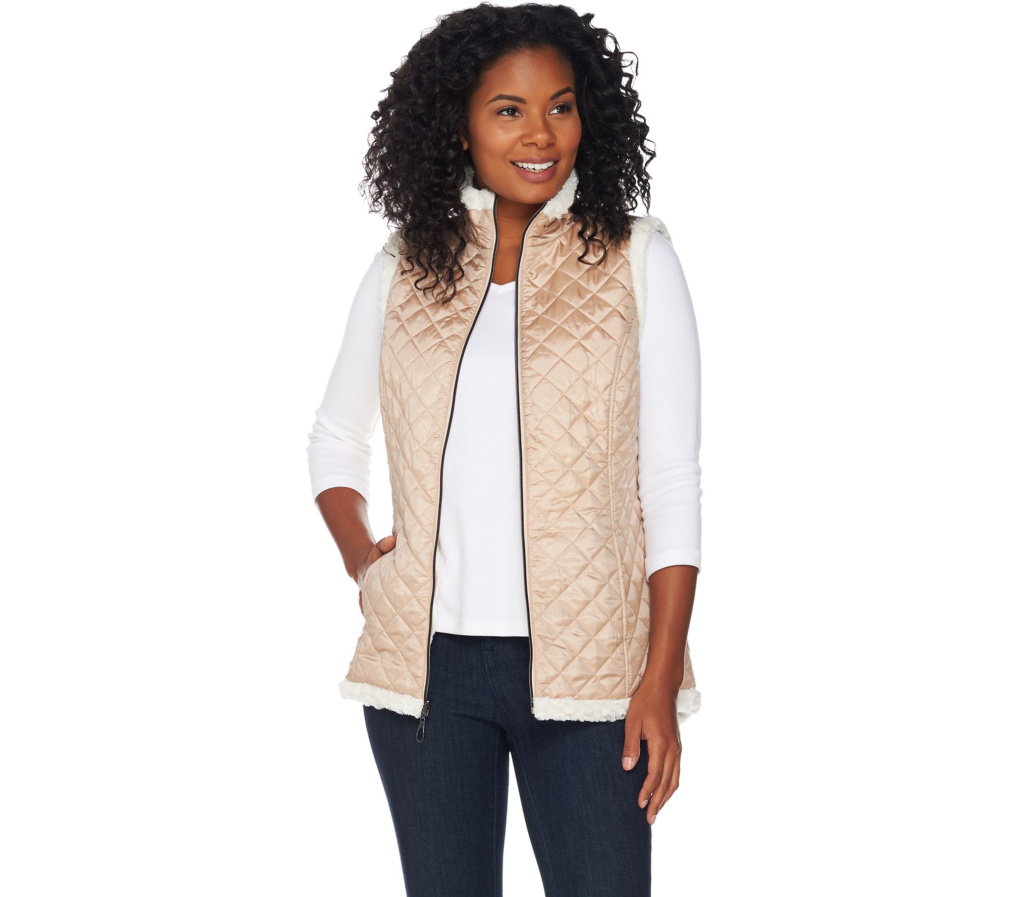 "As Is" Denim & Co. Reversible Zip Front Faux Fur & Quilted Vest - QVC.com