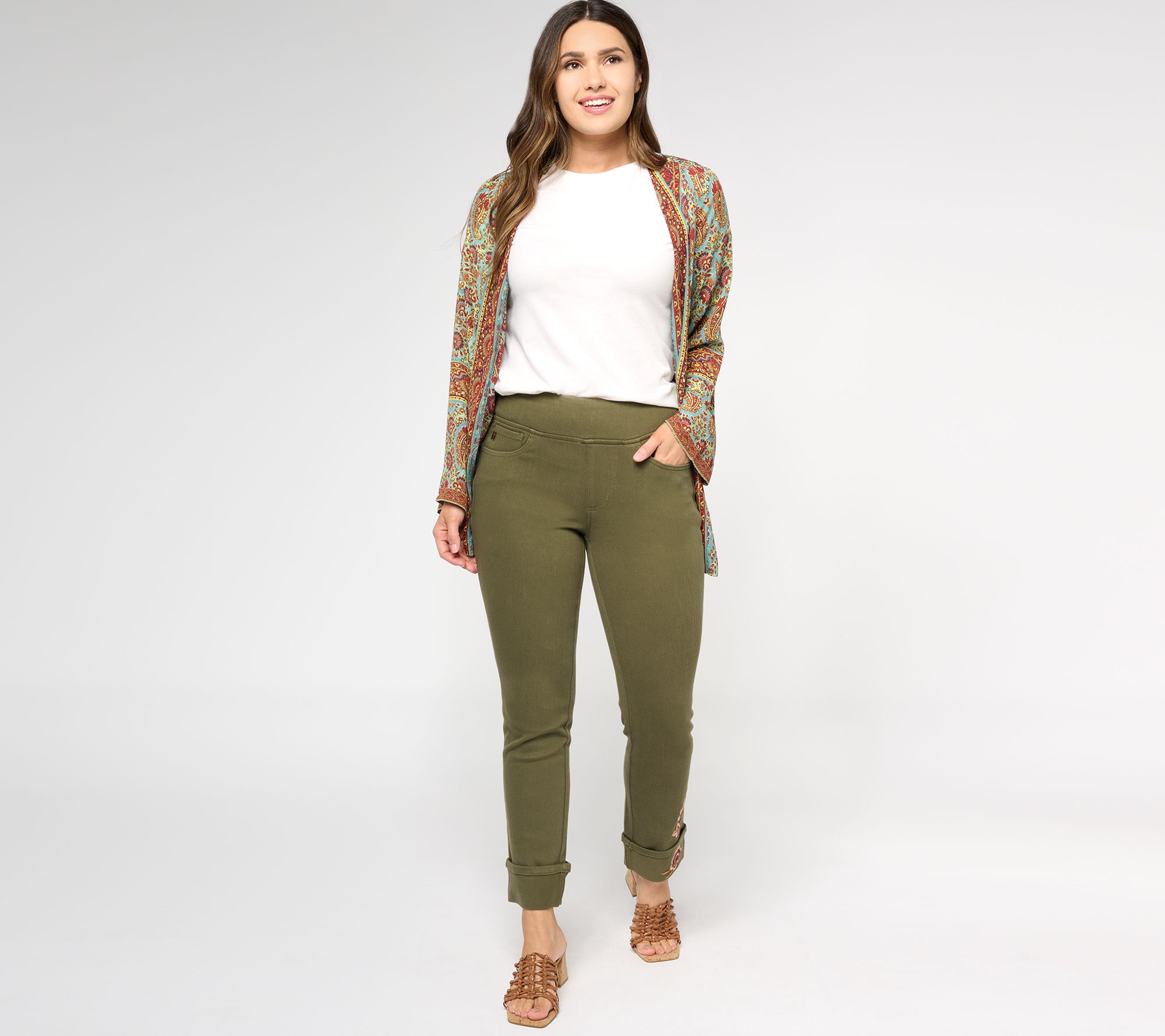 Belle Boho by Kim Gravel Reg Embroidered Flexibelle Cuffed Jean - QVC.com