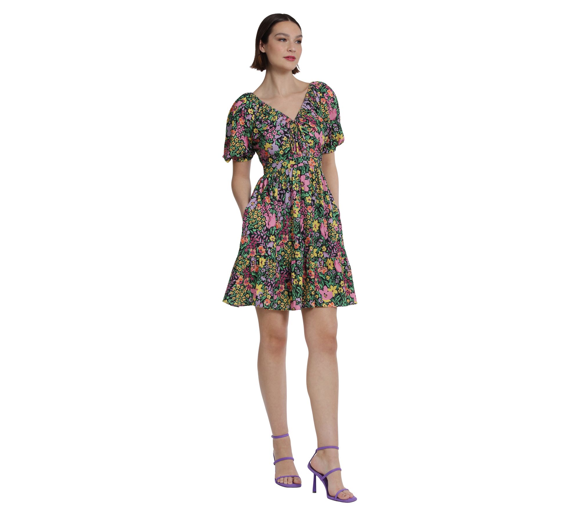 Donna Morgan V Neck Tiered Dre ss with Ruched Bodice - QVC.com