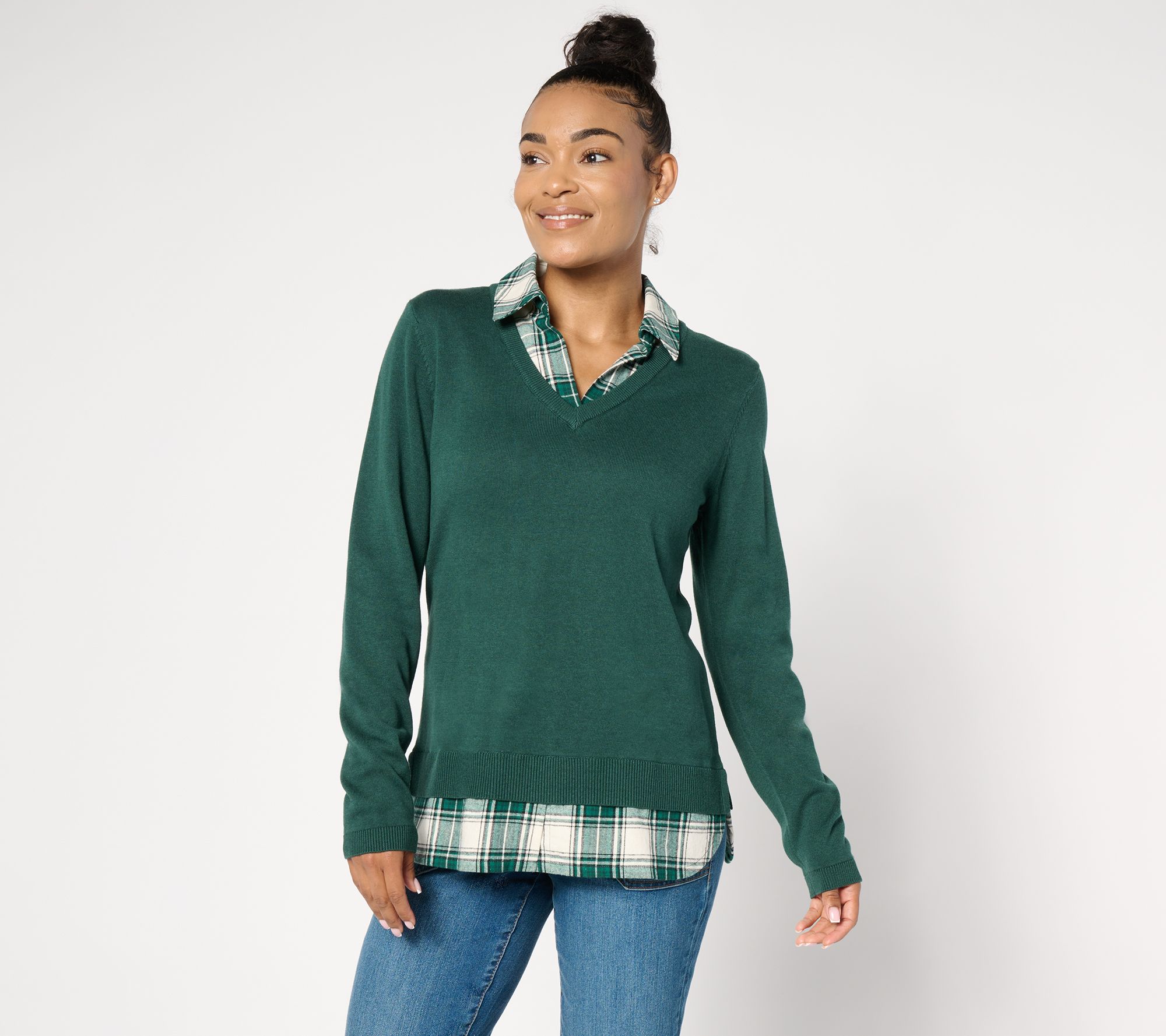 Joan Rivers V-Neck Mixed Media 2Fer Sweater w/ Tartan Flannel - QVC.com