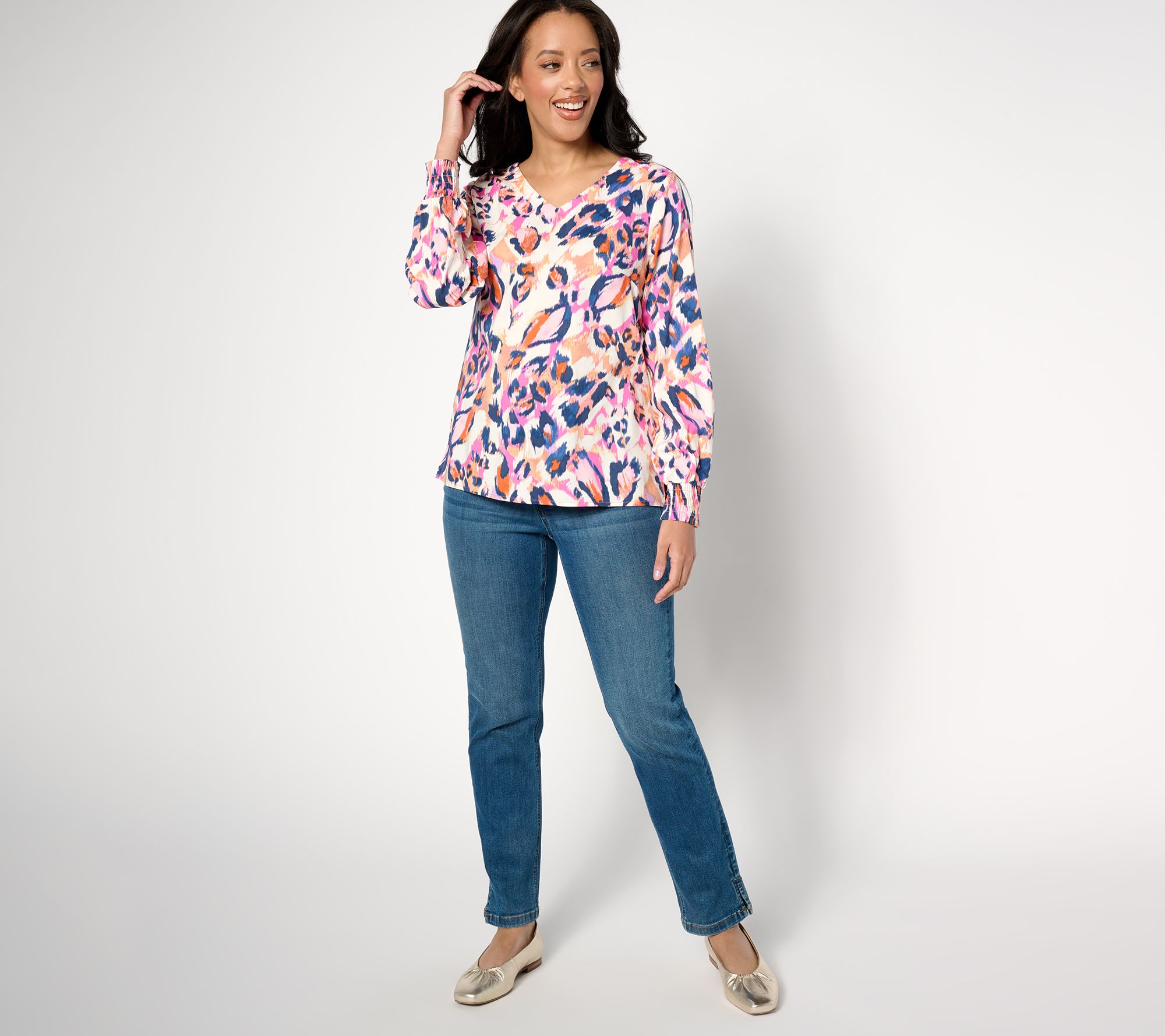 "As Is" Belle by Kim Gravel Indigo Oasis Smocked Sleeve Top - QVC.com