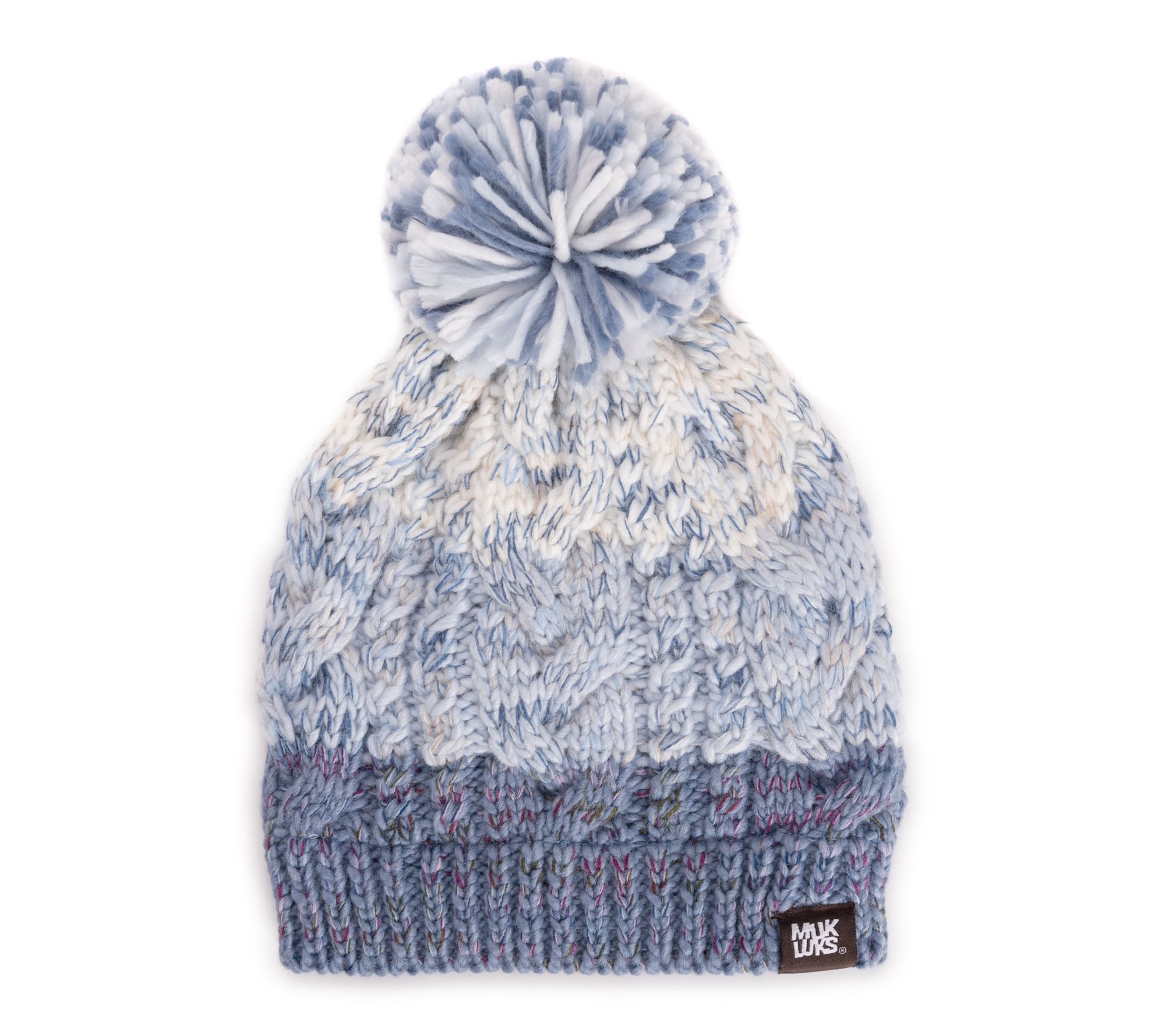 MUK LUKS Women's Colorblock Stripe Cable Knit Pom-Pom Beanie - QVC.com