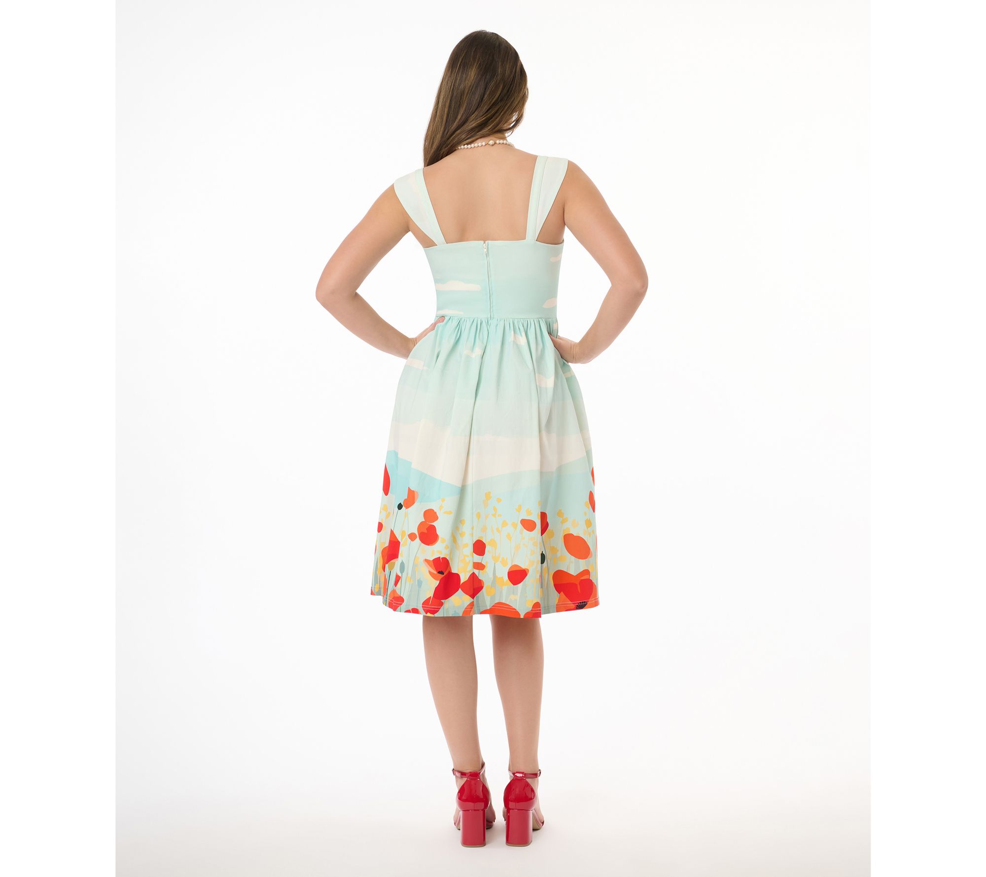 Unique Vintage Blue Sky & Poppy Field Sleeveless Swing Dress - QVC.com